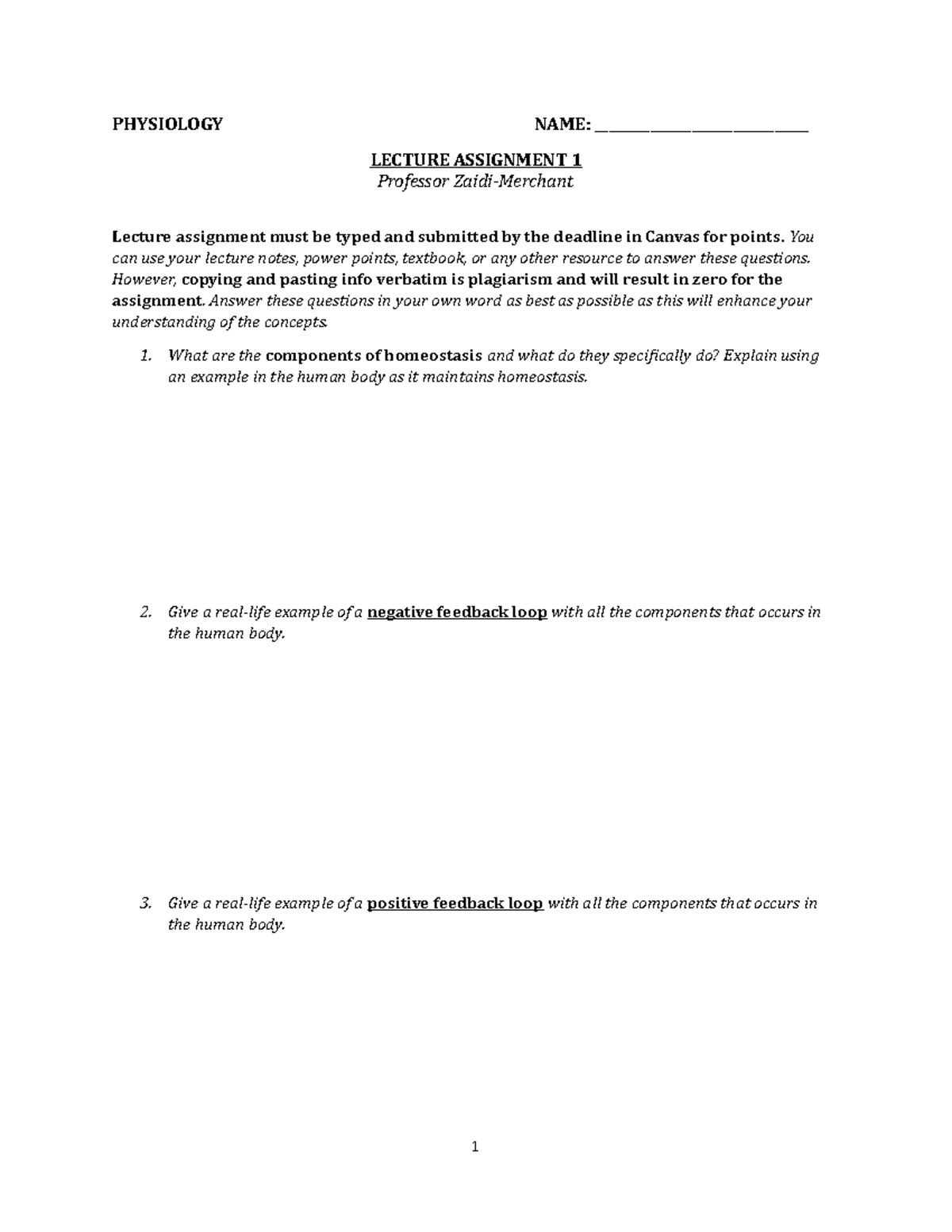 Physio Assignment 1 - PHYSIOLOGY NAME: _______________________________ LECTURE ASSIGNMENT 1 ...