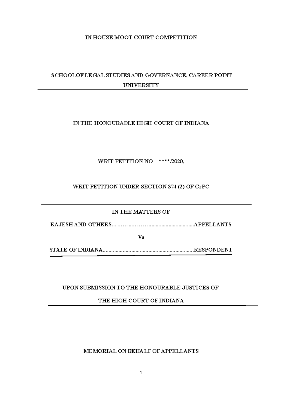 Moot Court Memorial for the competition held in 2021 - IN HOUSE MOOT ...