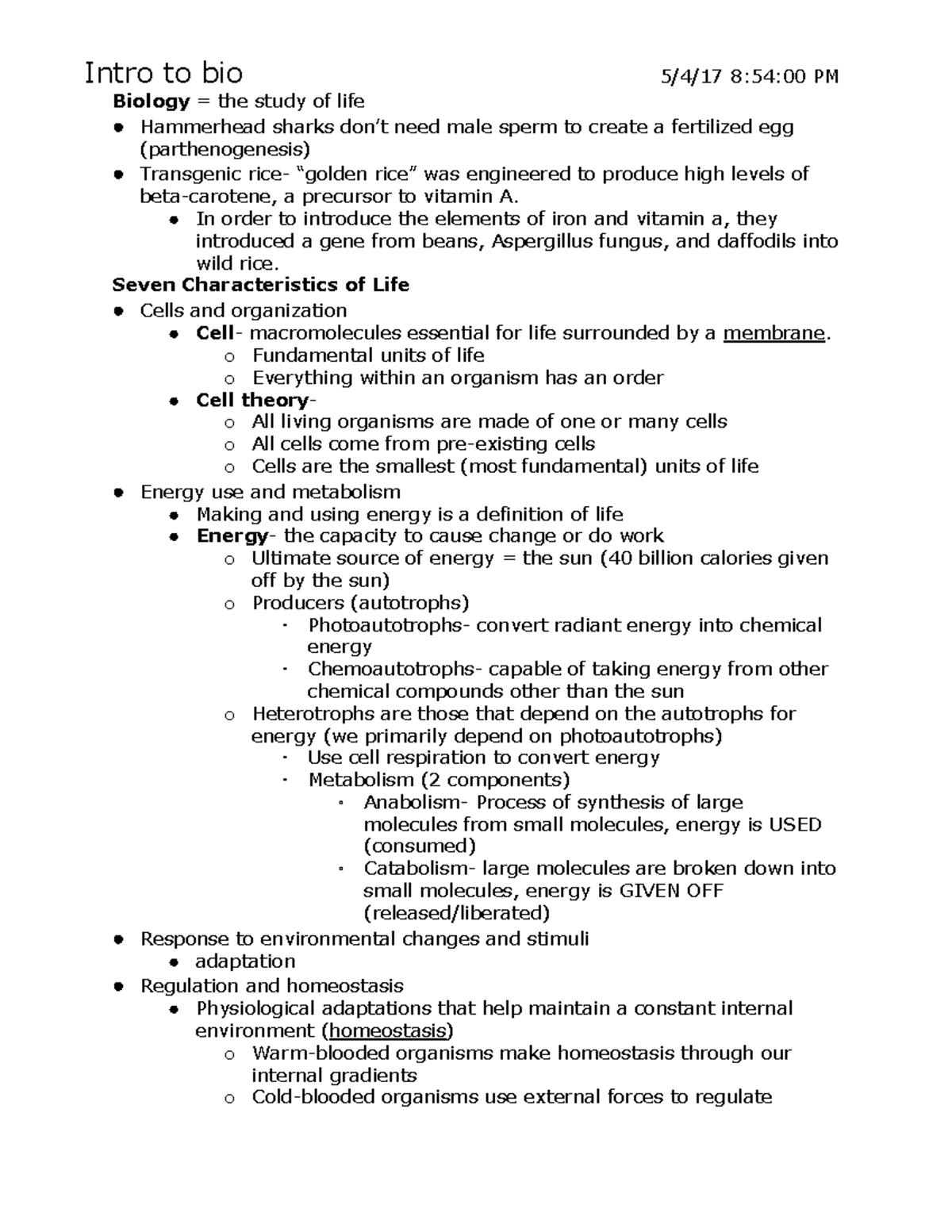 Dr V Cell Notes - Intro to bio 5/4/17 8:54:00 PM Biology = the study of ...