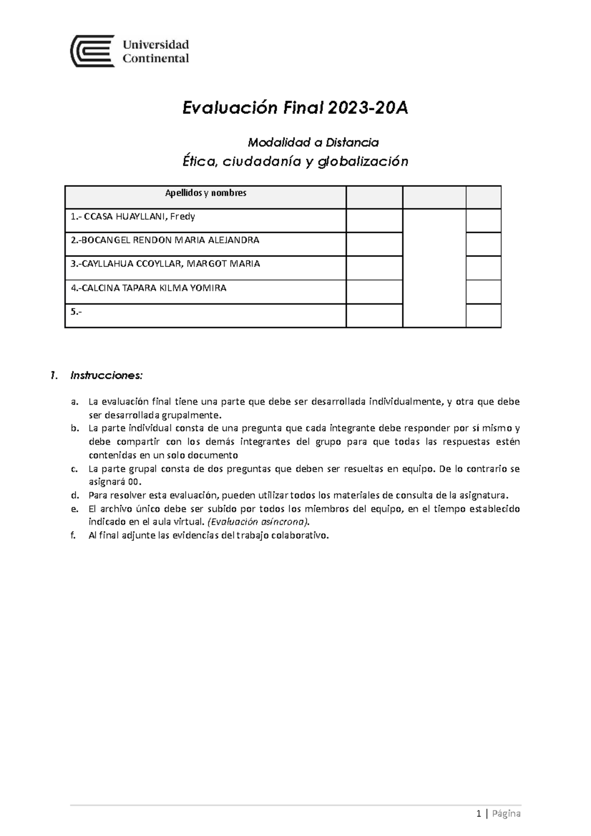 ECG Examen Final 202320 A - Evaluación Final 2023-20A Modalidad a Distancia Ética, ciudadanía y ...