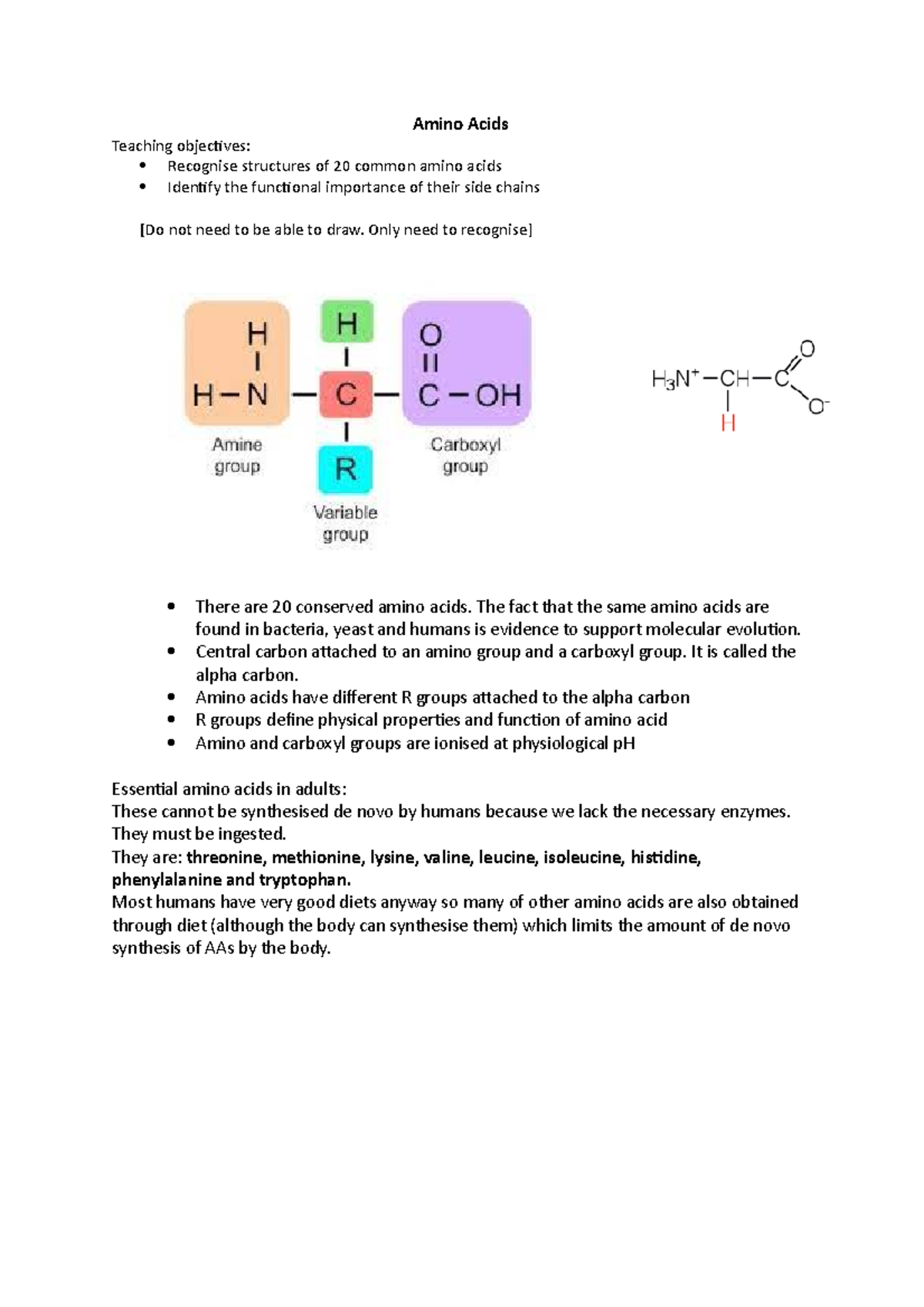 Amino Acids (L2) - N/A - Amino Acids Teaching objectives: Recognise ...