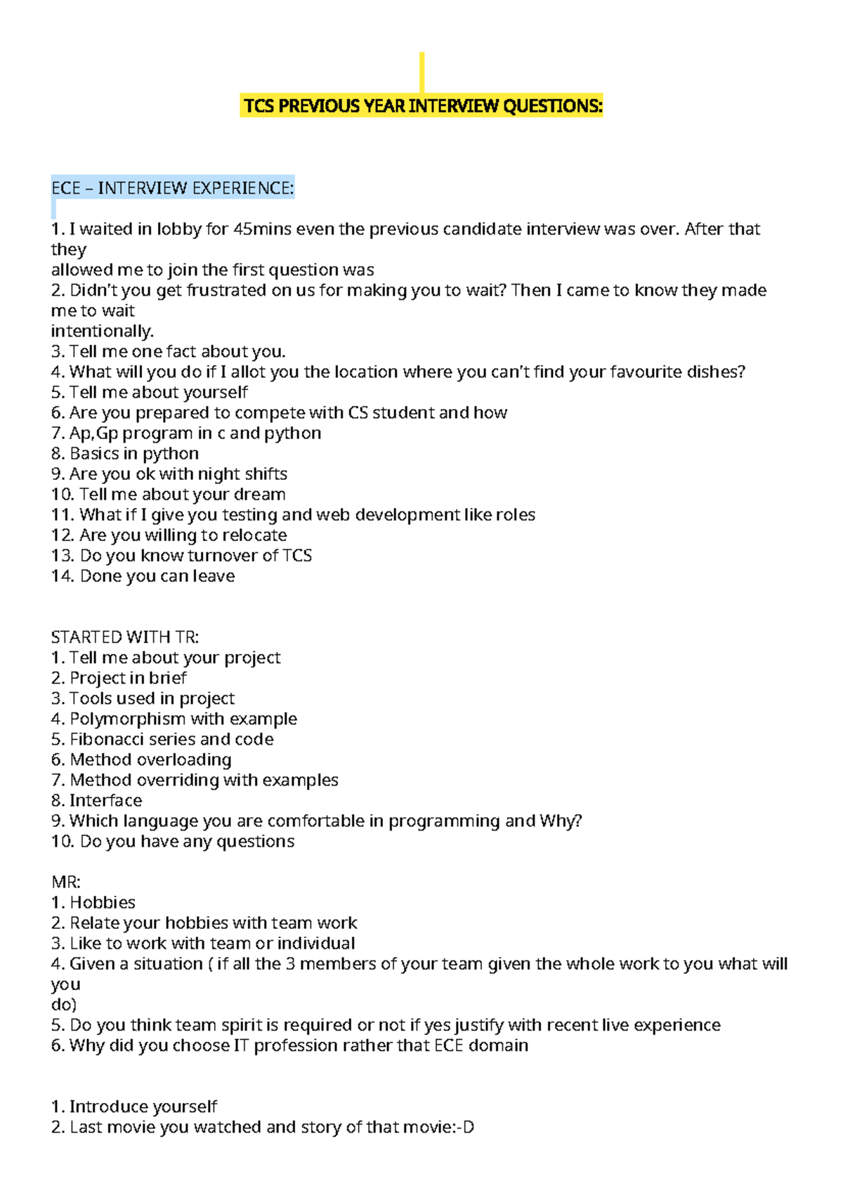 TCS Previous Year Interview Qsn - TCS PREVIOUS YEAR INTERVIEW QUESTIONS ...