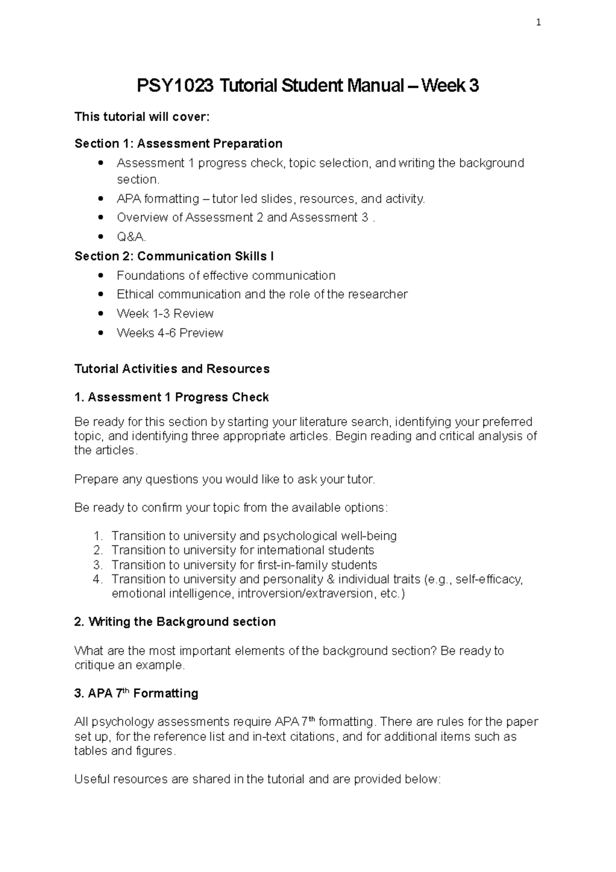 PSY1023 Tutorial Manual Week 3 Students - PSY10 23 Tutorial Student ...