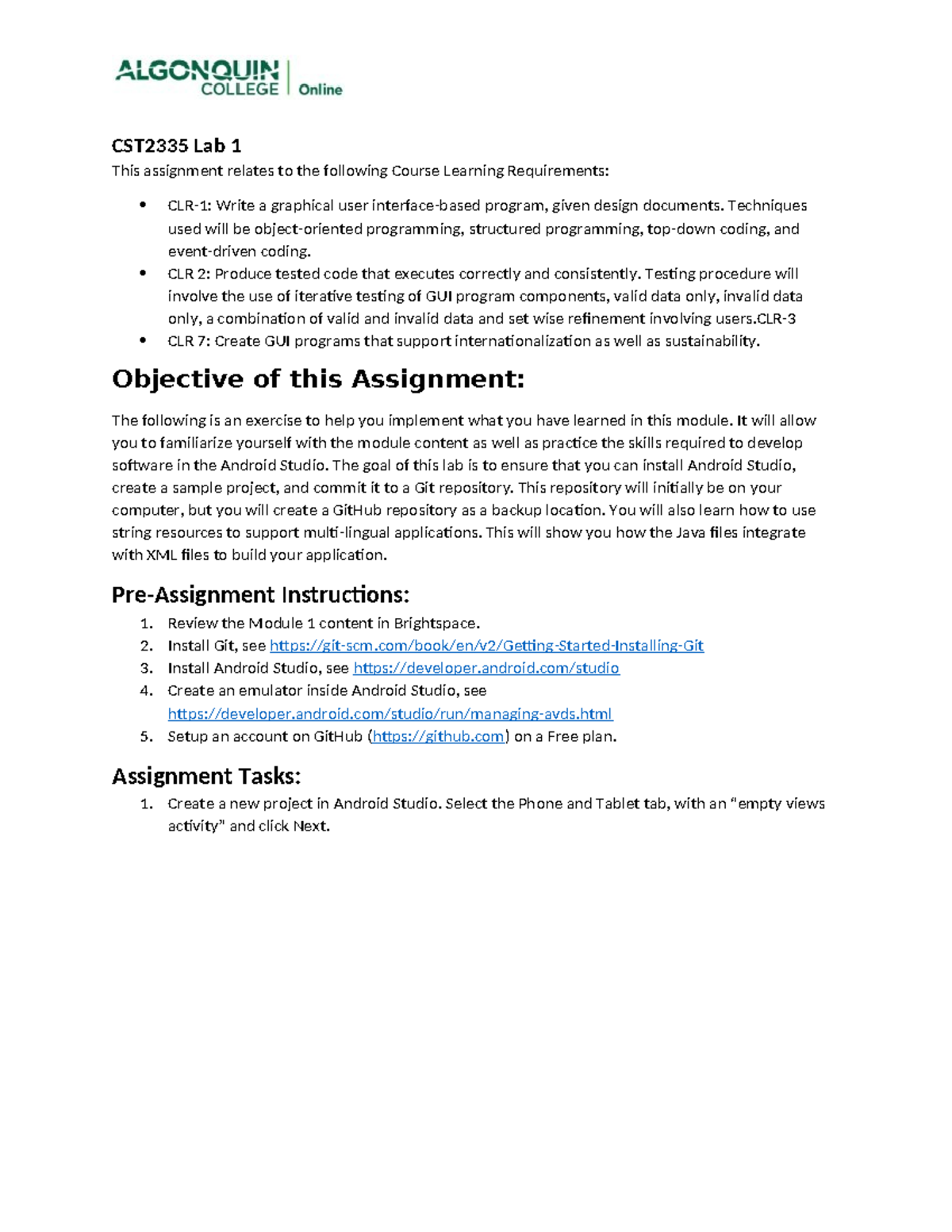 CST2335 Lab1-2 - Mandatory - This assignment relates to the following ...
