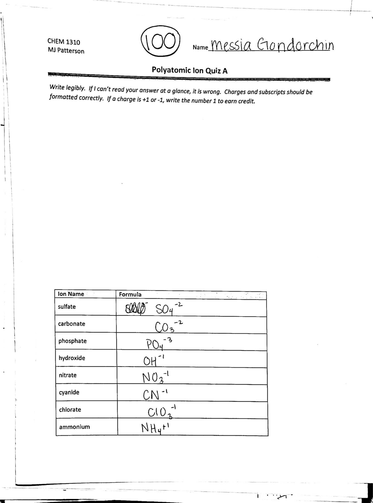Daily Quiz Material - Polyatomic Ion Quiz A, Quiz over unit ...