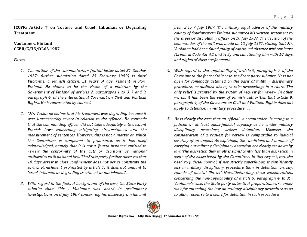 080219 Case Digest Human Rights - ICCPR; Article 7 on Torture and Cruel ...