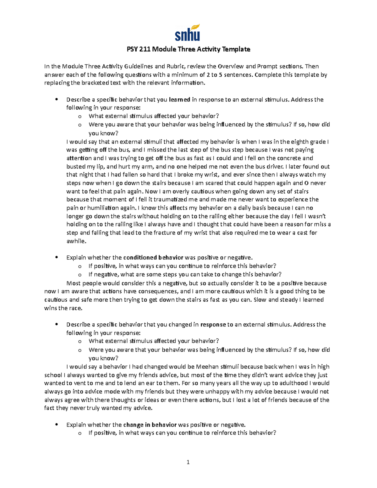 PSY 211 Module Three Activity Template - Then answer each of the ...