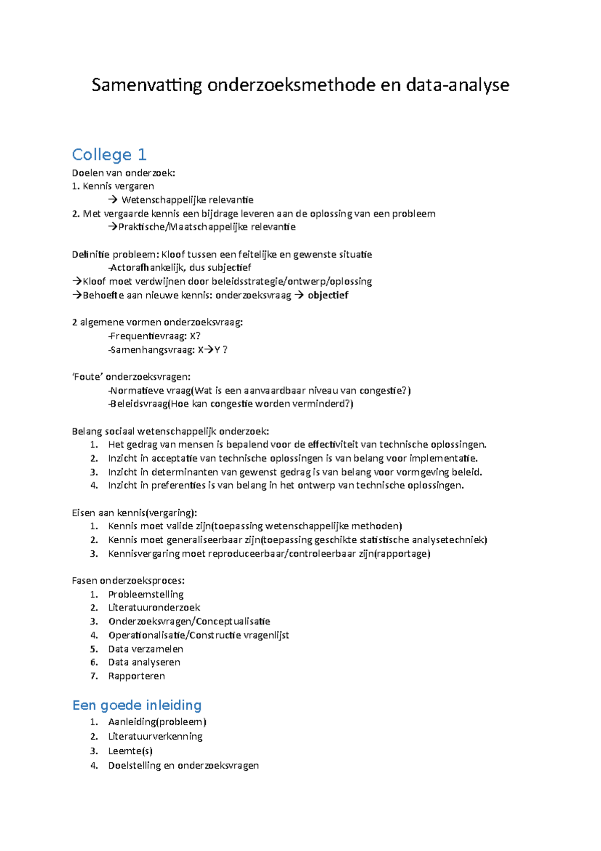 Samenvatting onderzoek en data - Samenvatting onderzoeksmethode en data ...