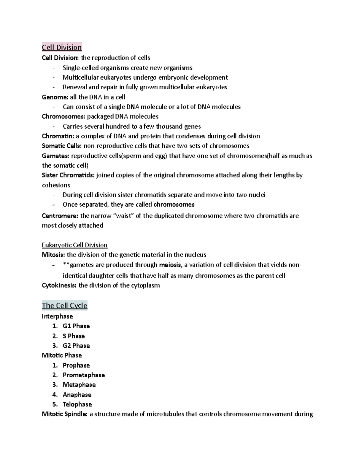 BIOL 140 Chapter 12 Lecture Notes - Cell Division Cell Division: the ...
