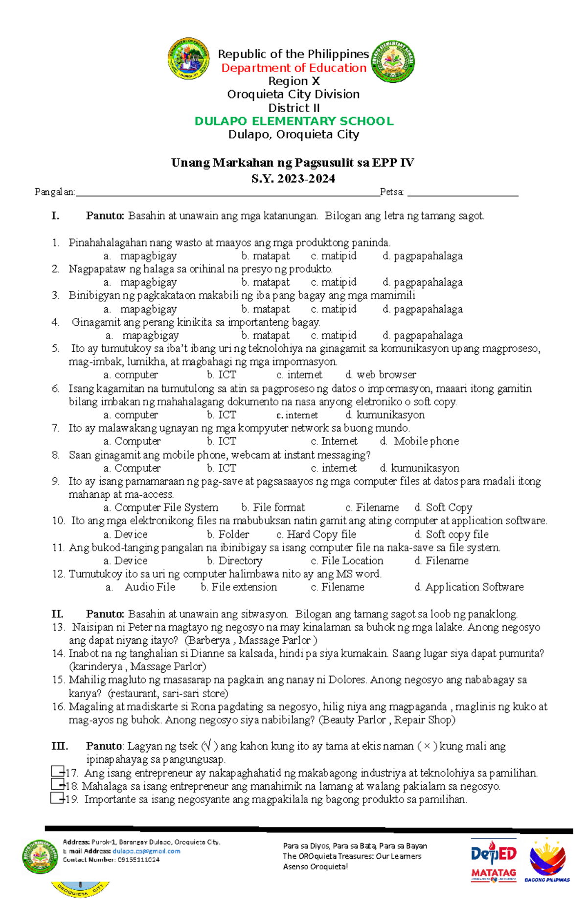 EPP - TOS with Questionnaire Sample - Republic of the Philippines ...