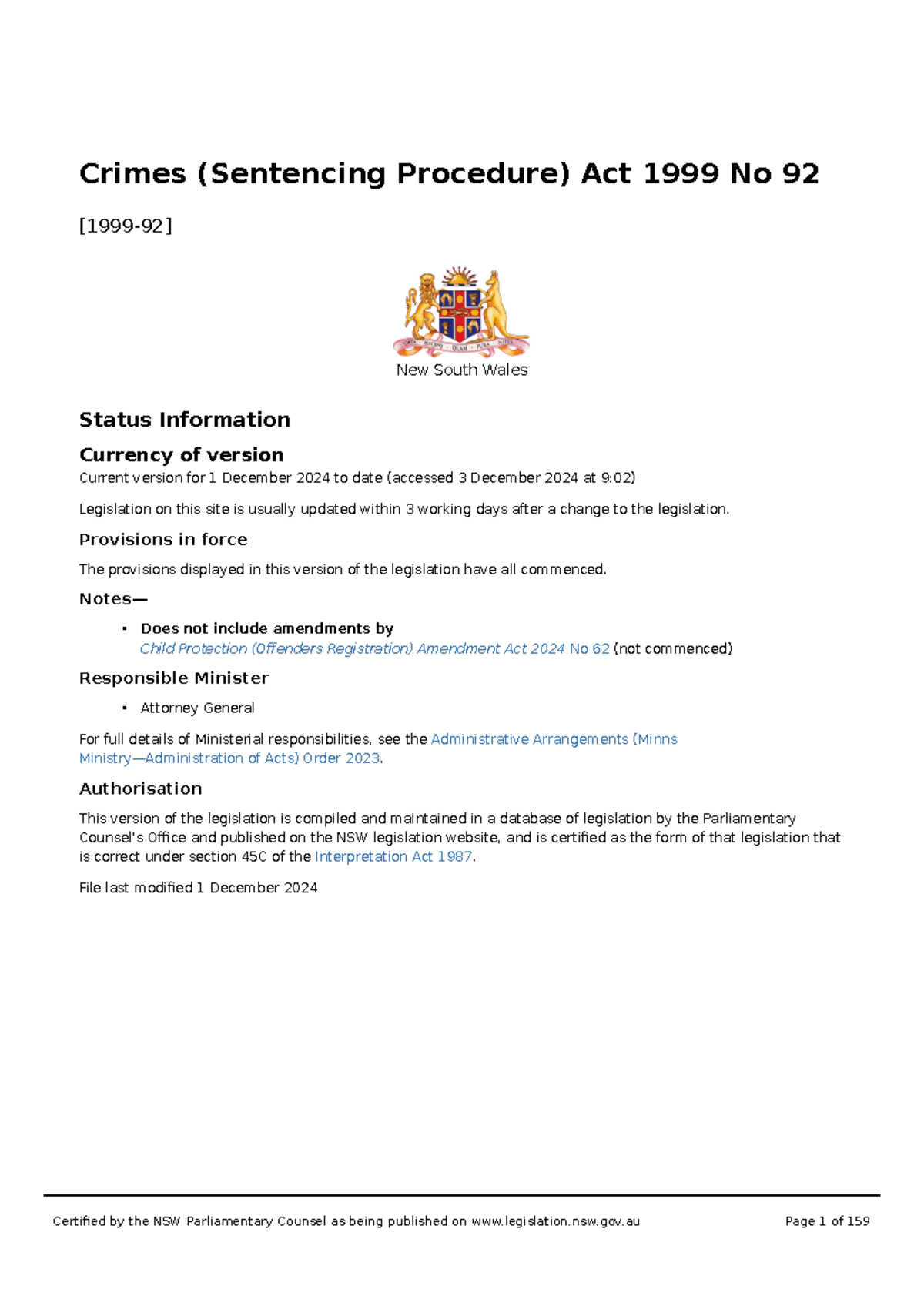 Crimes (Sentencing Procedure) Act 1999 No 92 092 - Crimes (Sentencing ...