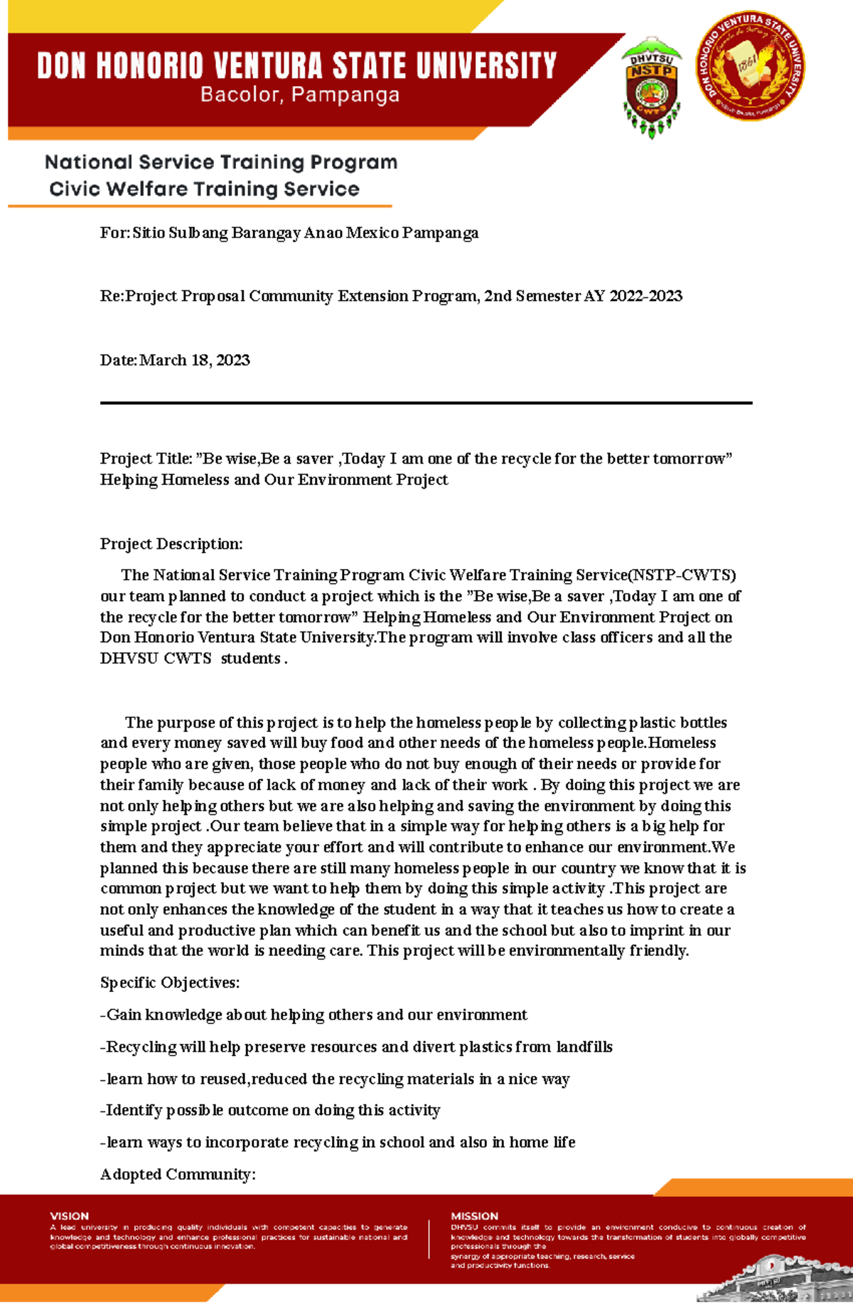 Project-Proposal - For purpose - For:Sitio Sulbang Barangay Anao Mexico ...