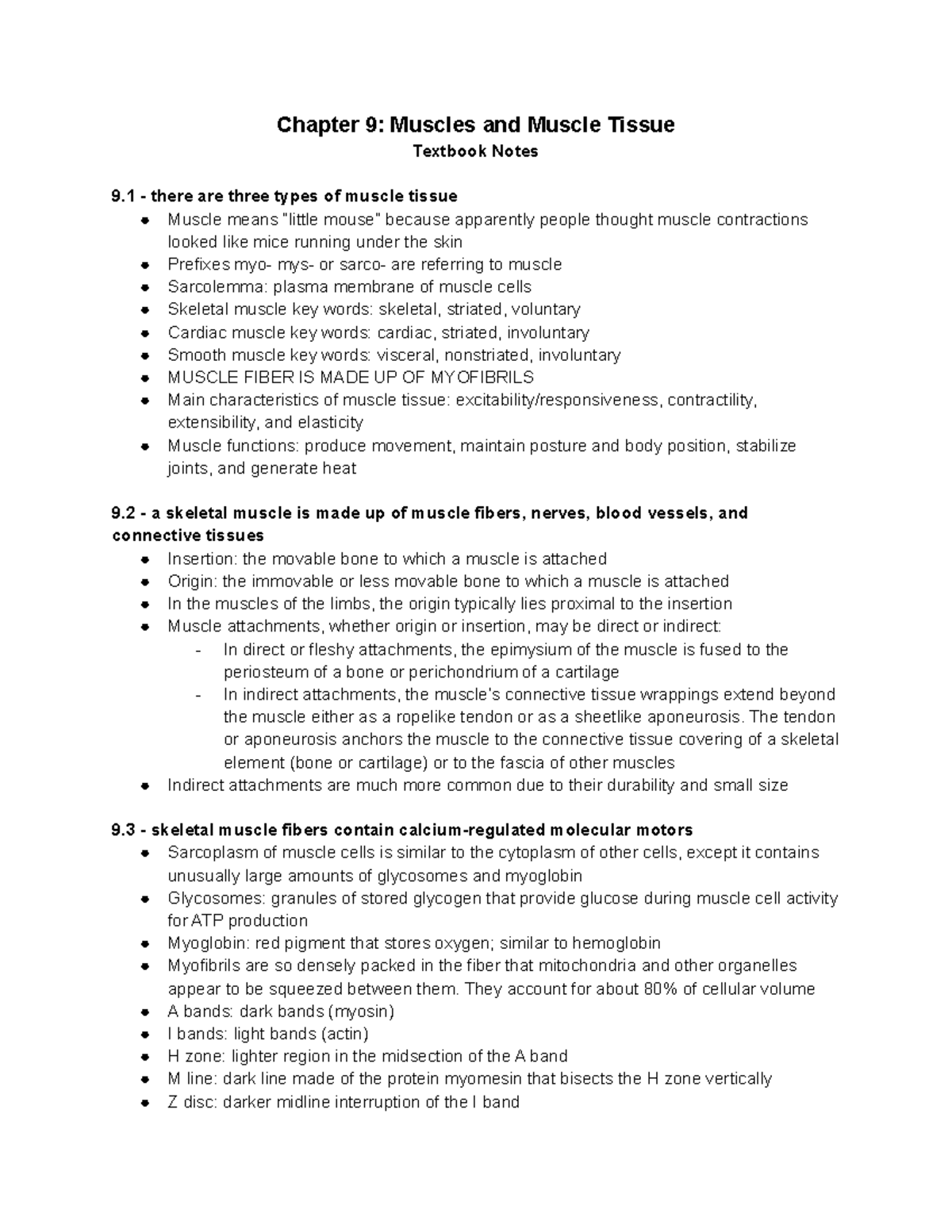 A&P Chapter 9 Notes - Prof Ray Thompson - Chapter 9: Muscles and Muscle ...