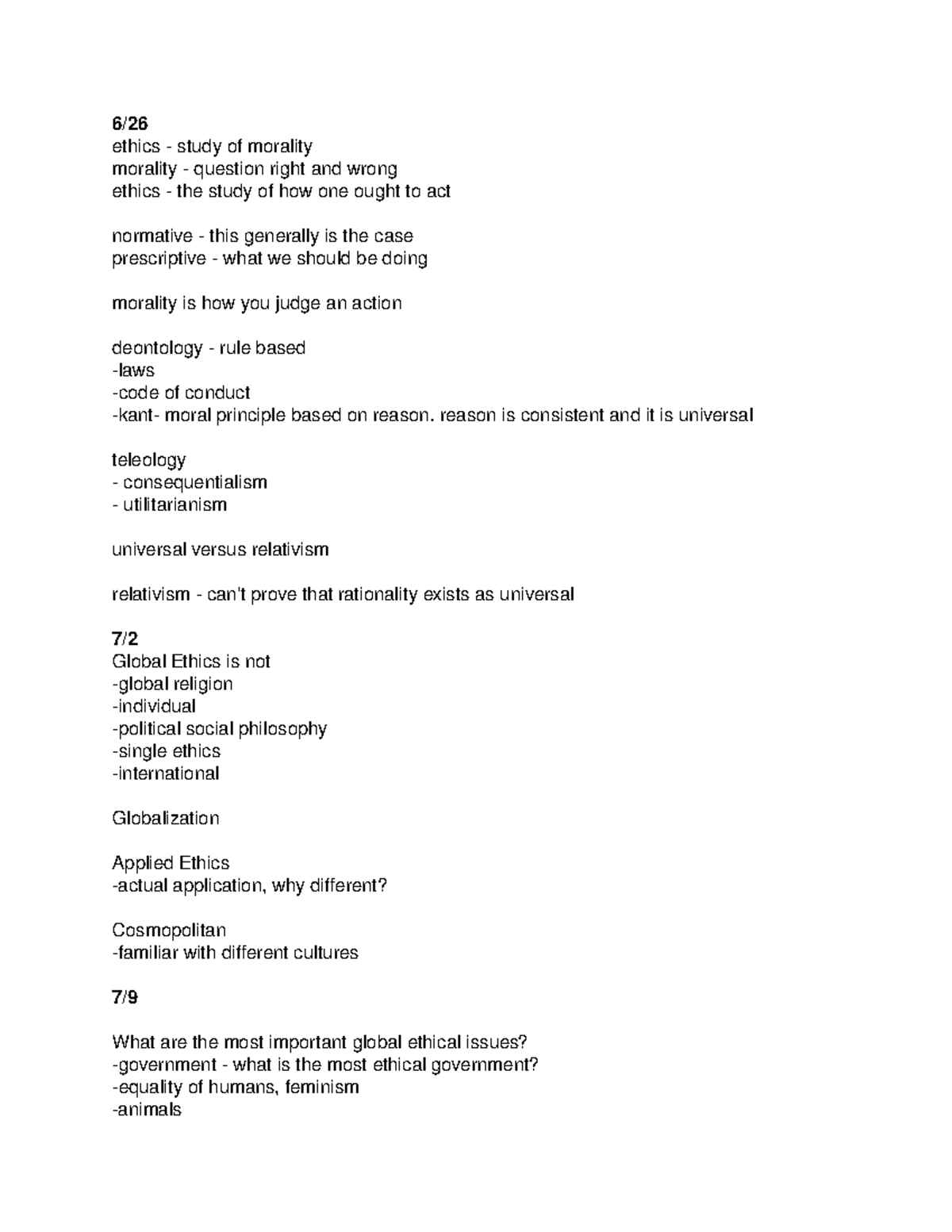 Global Ethical Issues Notes - 6/ ethics - study of morality morality ...