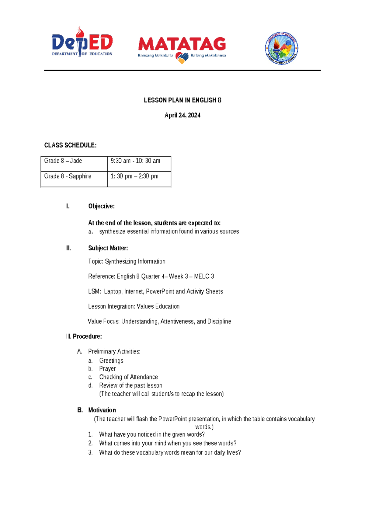 Lesson PLAN ( Composing Effective Paragraphs) - LESSON PLAN IN ENGLISH ...