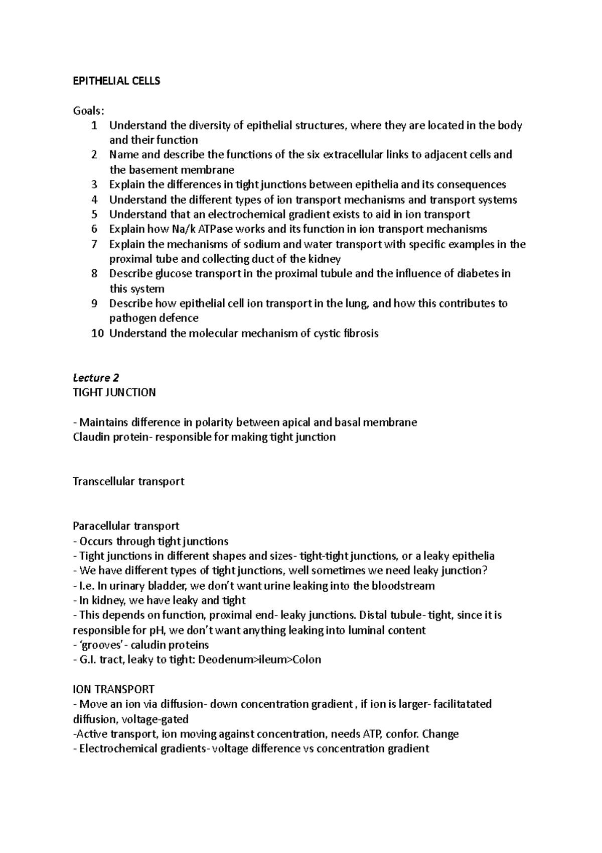 Epithelial Cells - notes - EPITHELIAL CELLS Goals: 1 Understand the ...
