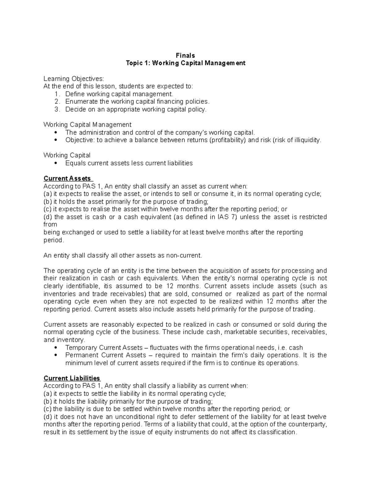 Working Capital Management - Finals Topic 1: Working Capital Management ...