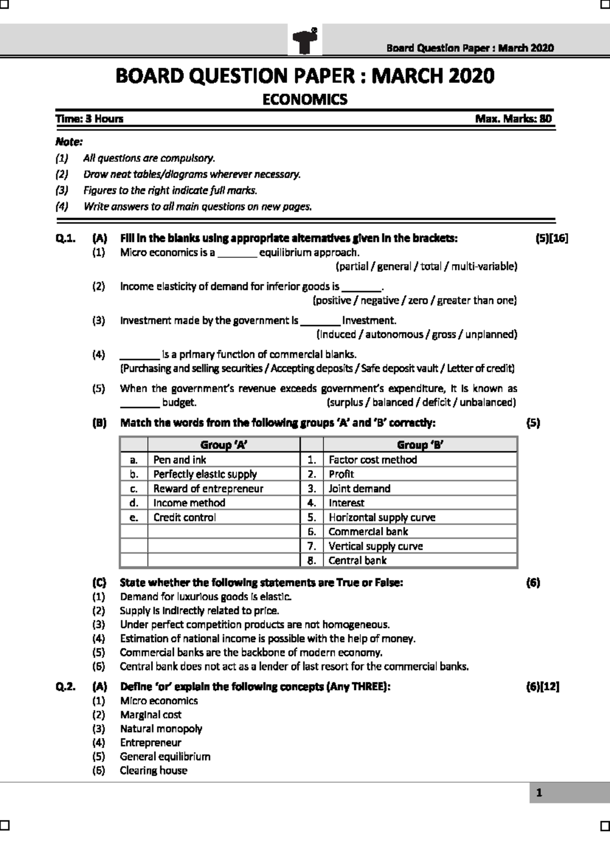 Eco-March 2020 - Paper - Board Question Paper : March 2020 BOARD ...