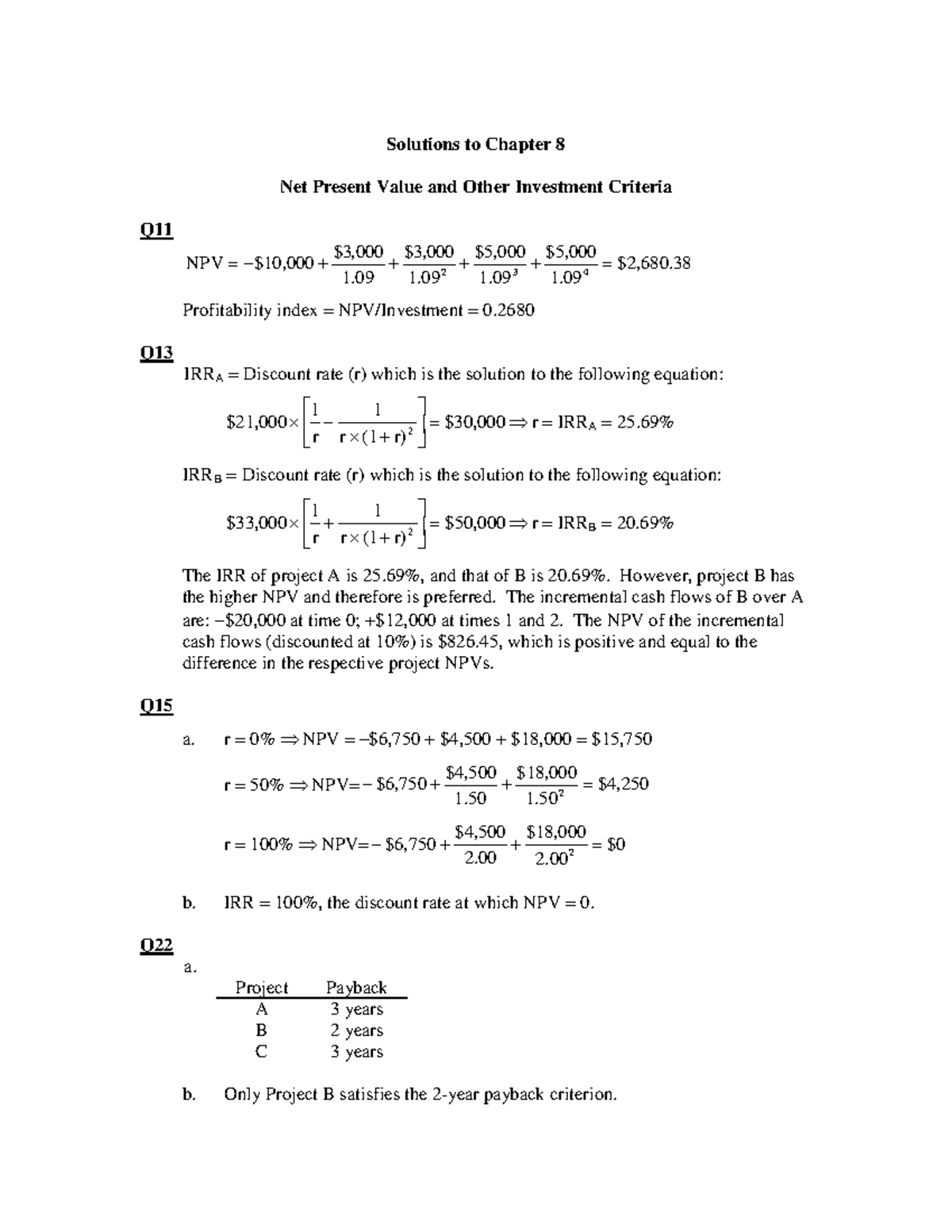 Ch08 - Solutions to Chapter 8 Net Present Value and Other Investment ...