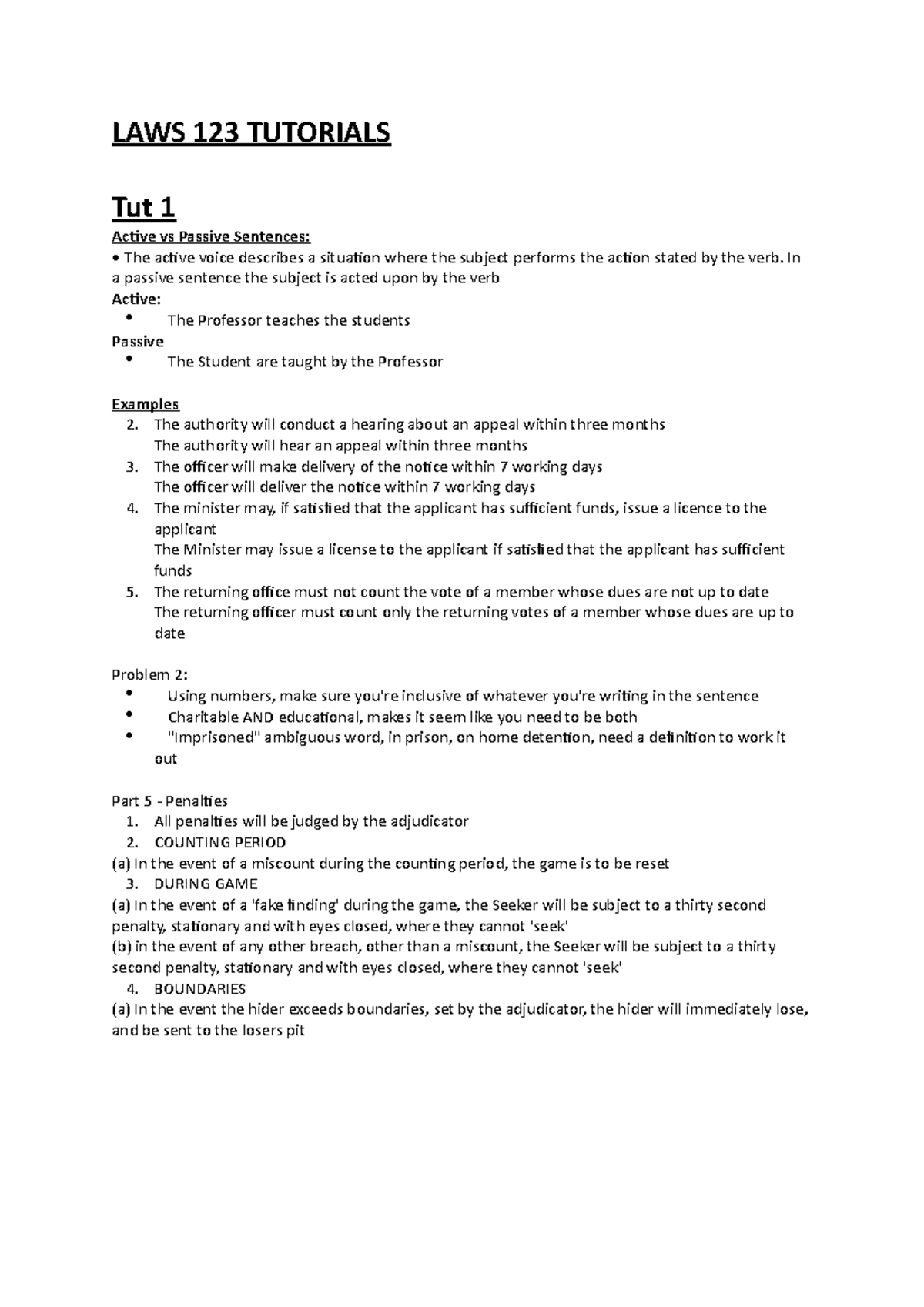 LAWS 123 Tutorials - Week 1 - 11 - LAWS 123 TUTORIALS Tut 1 Active vs Passive Sentences: The ...