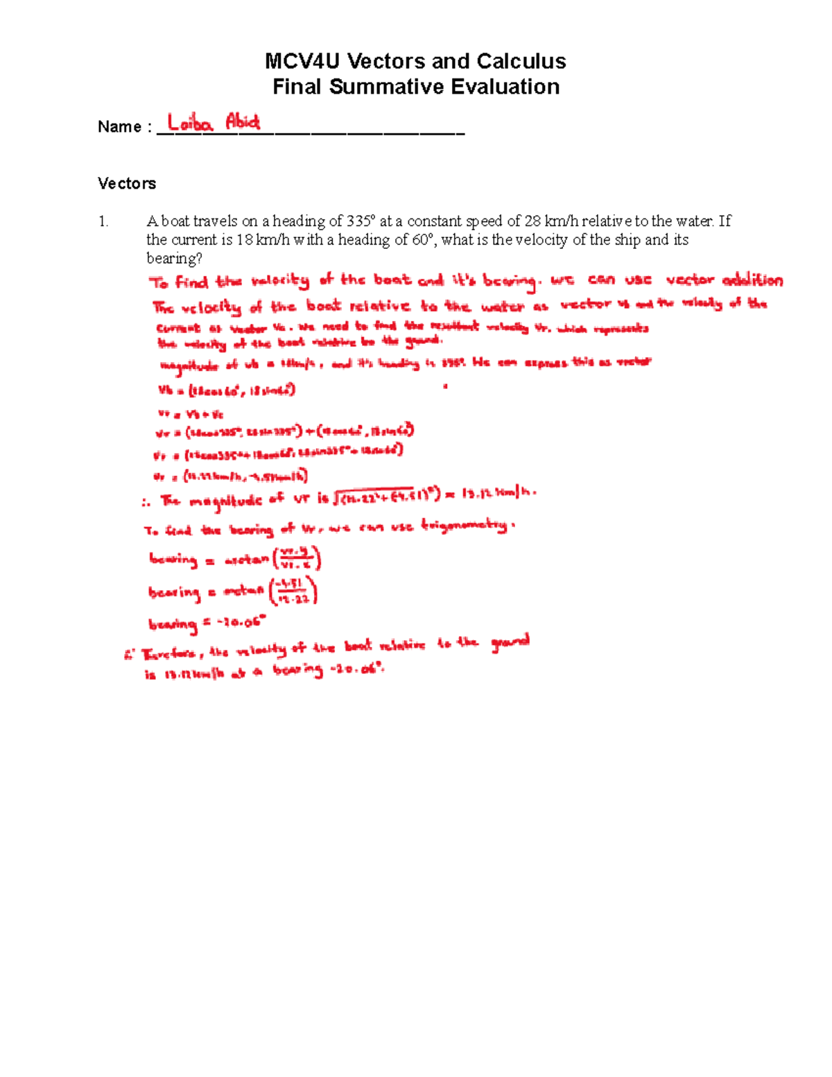 MCV4UFinal Exam - Calculus Final Exam - Final Summative Evaluation Name : - Studocu