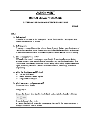 Assignment Digital Signal Processing - ASSIGNMENT DIGITAL SIGNAL PROCESSING ELECTRONICS AND ...