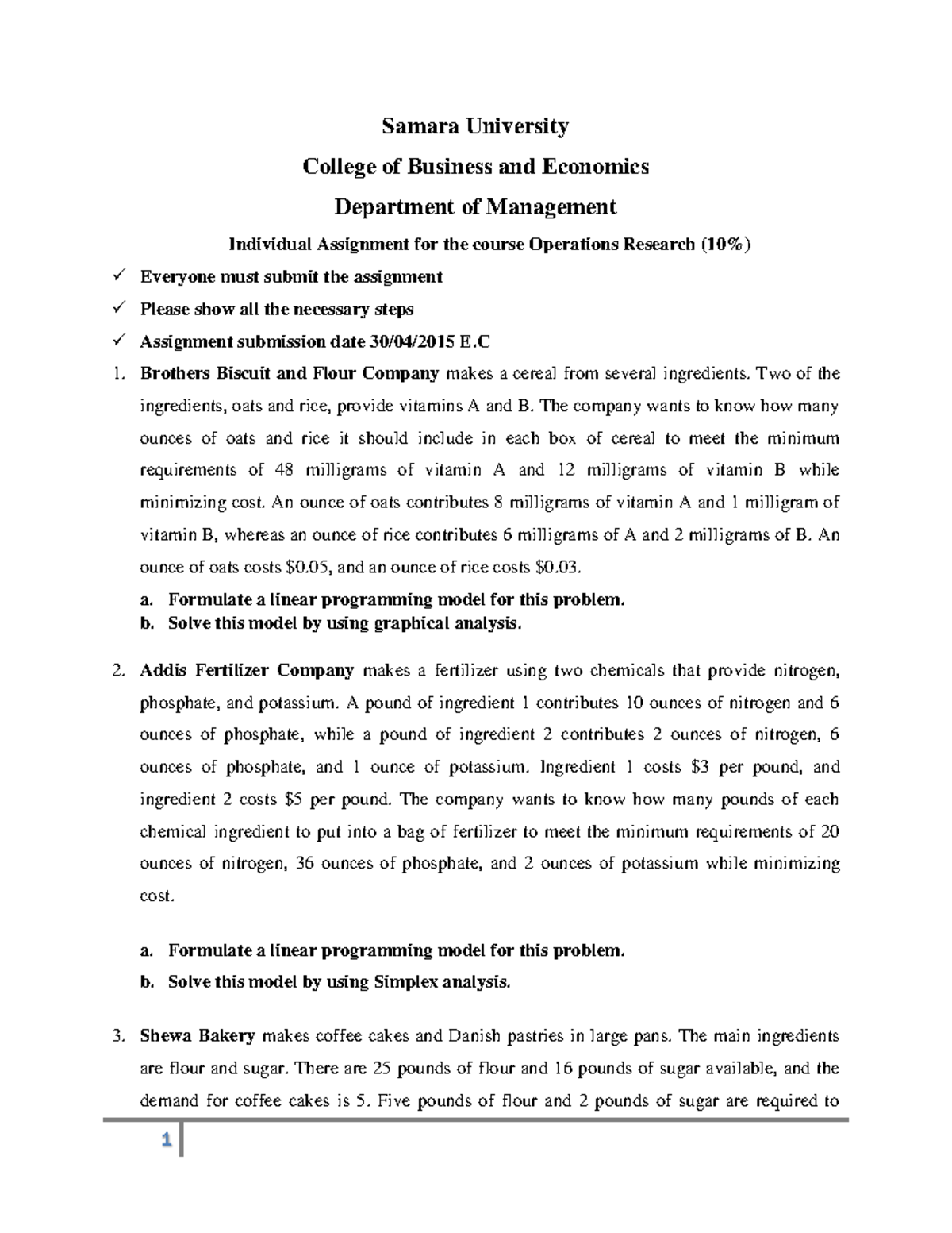 Individual Assignment - Samara University College of Business and Economics Department of ...