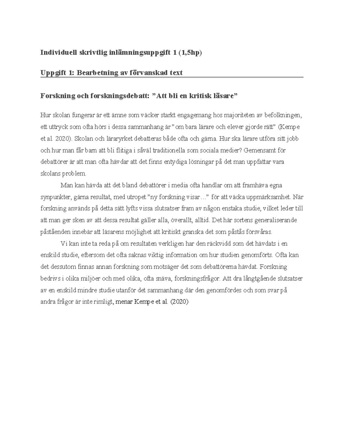 Uppgift 1 (bearbetning av förvanskad text + reflektion) - Individuell ...