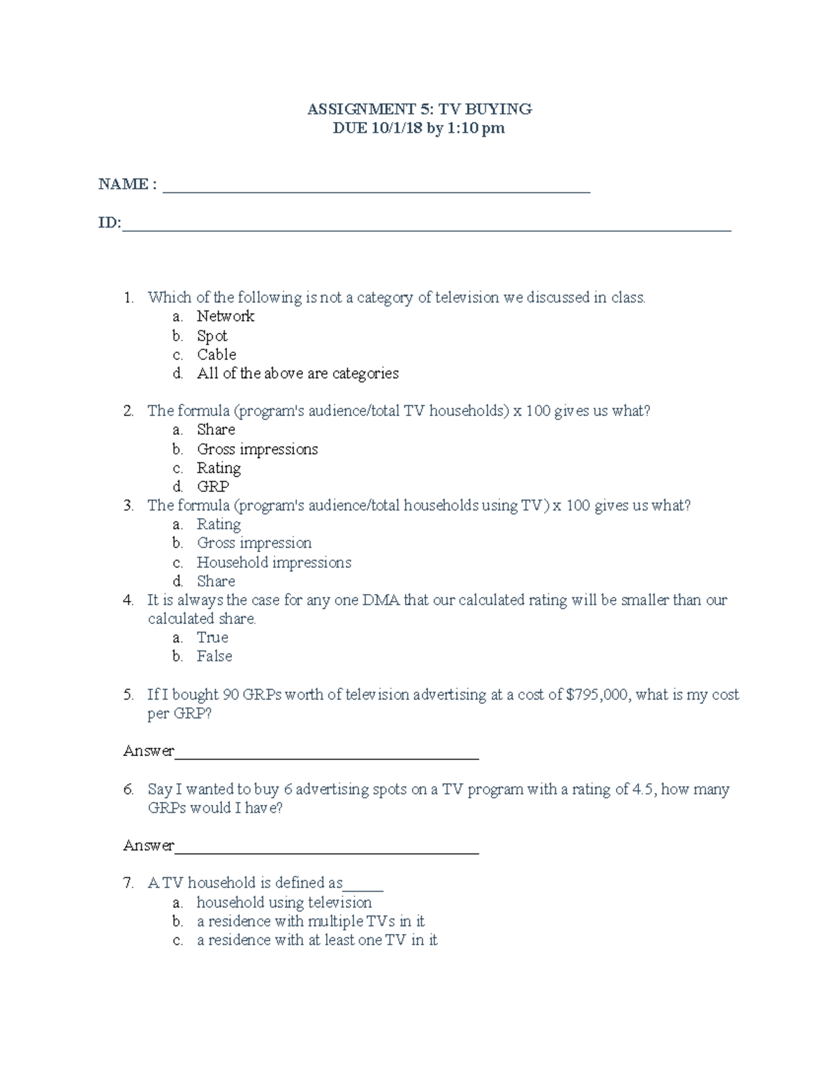 Assignment 5- TV Buying copy - ASSIGNMENT 5: TV BUYING DUE 10/1/18 by 1 ...
