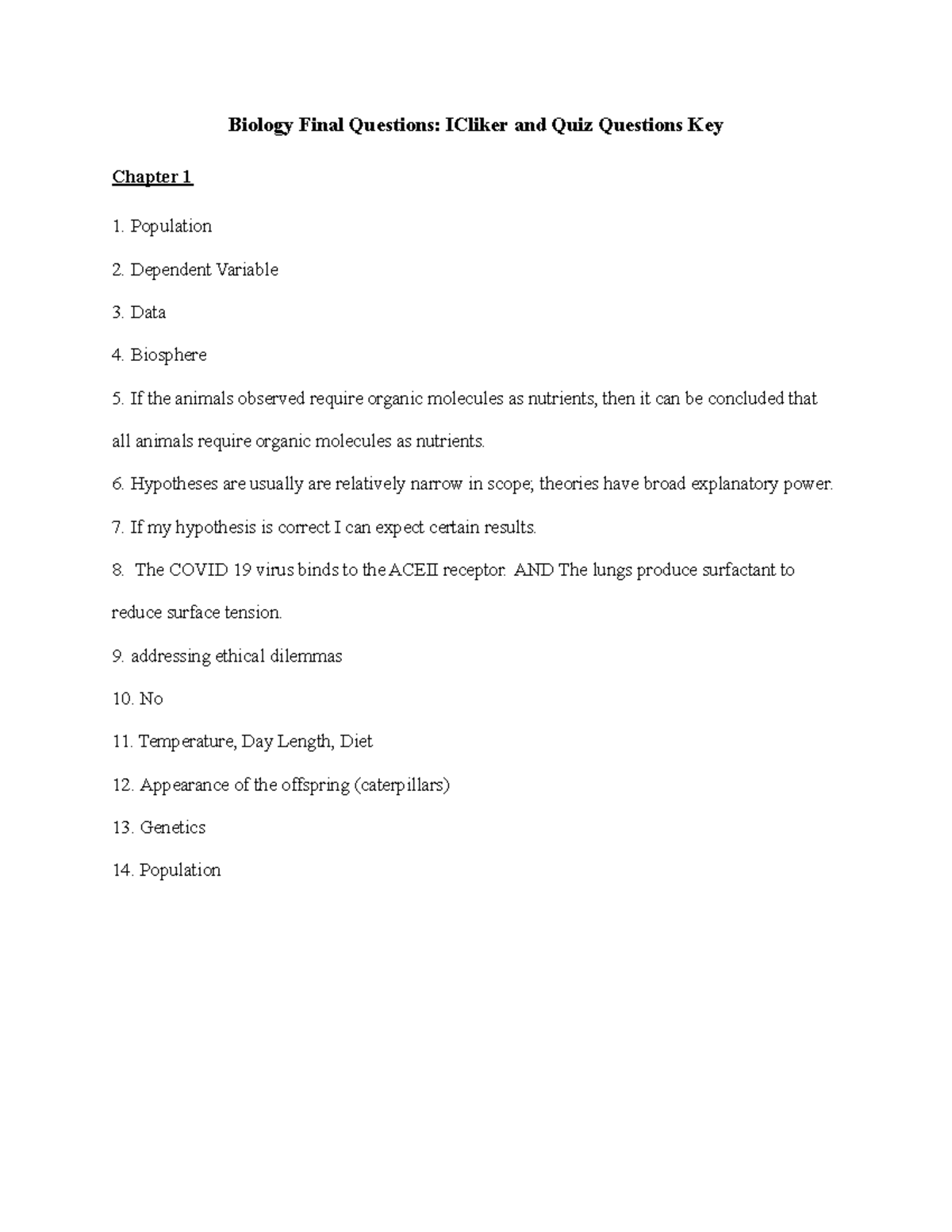 Biology Key - Clicker and Homework - Biology Final Questions: ICliker ...