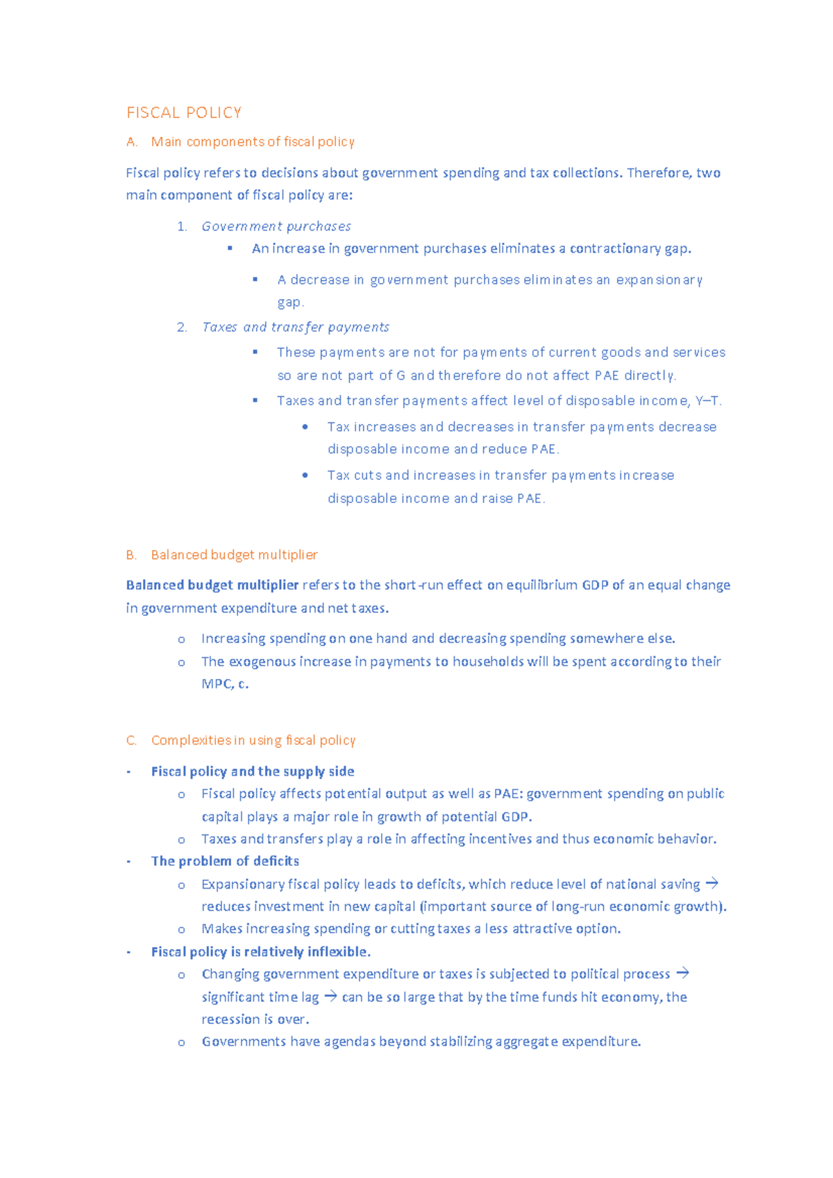 Fiscal policy in macroeconomics - FISCAL POLICY A. Main components of ...