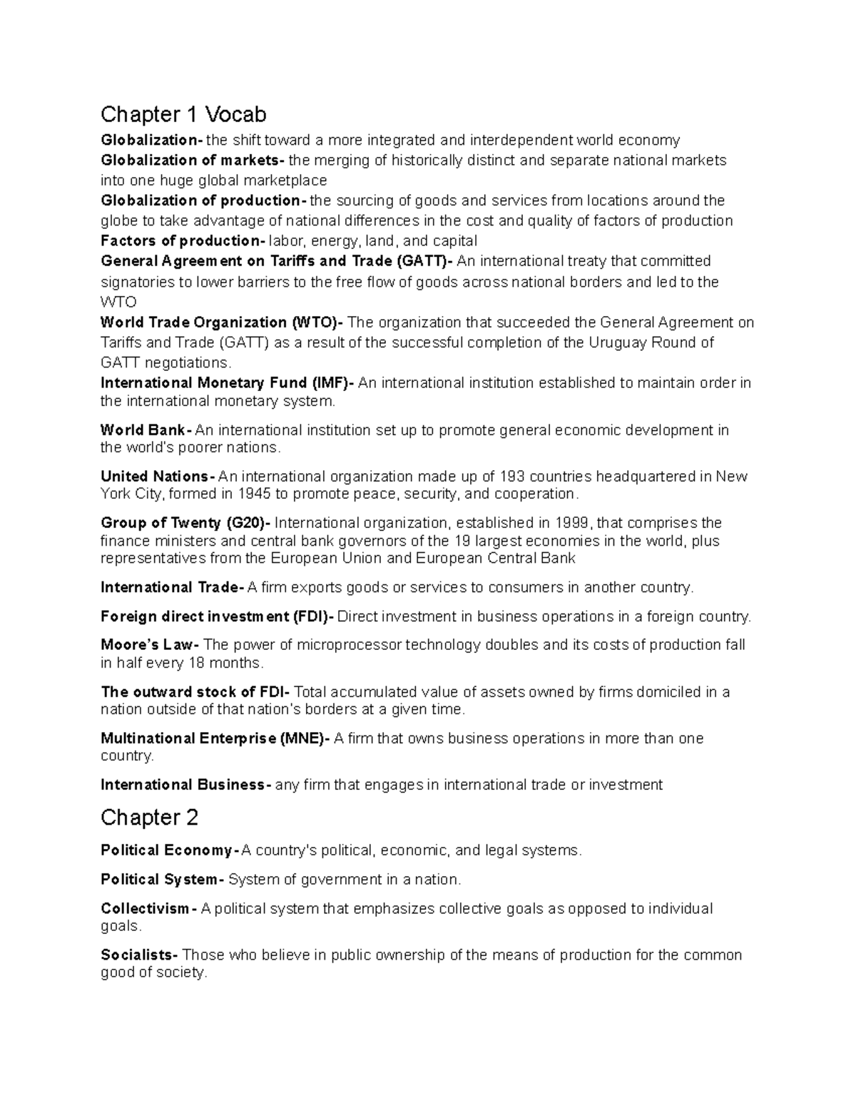 MAN 3600 Chapter 1 and 2 Vocab - Chapter 1 Vocab Globalization- the ...
