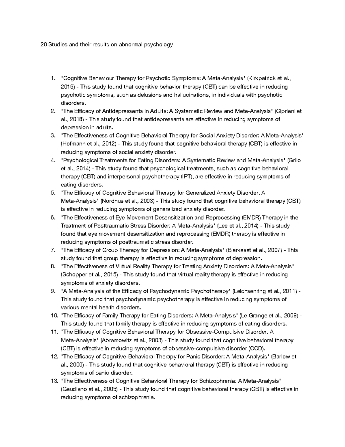 20 Studies and their results on abnormal psychology - 20 Studies and ...