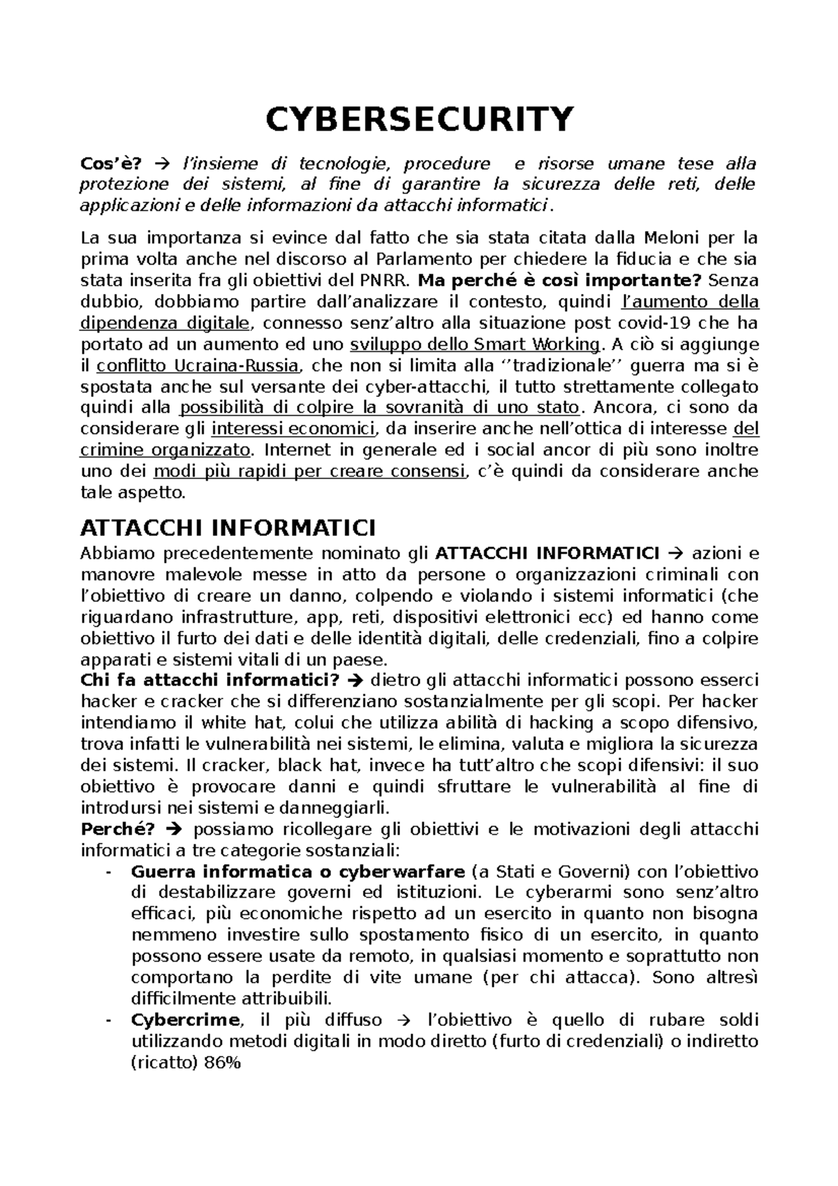 Cybersecurity, riassunto esame - CYBERSECURITY Cos’è? l’insieme di ...