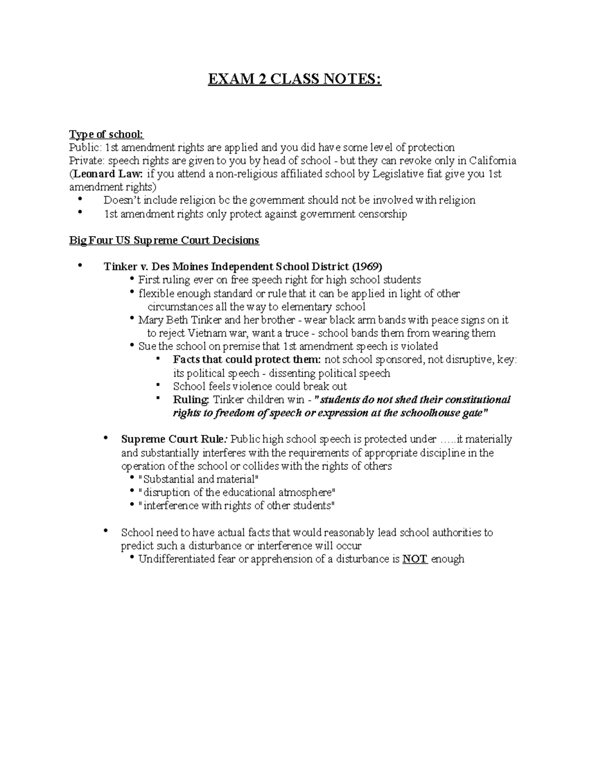 EXAM 2 Class Notes - EXAM 2 CLASS NOTES: Type of school: Public: 1st ...