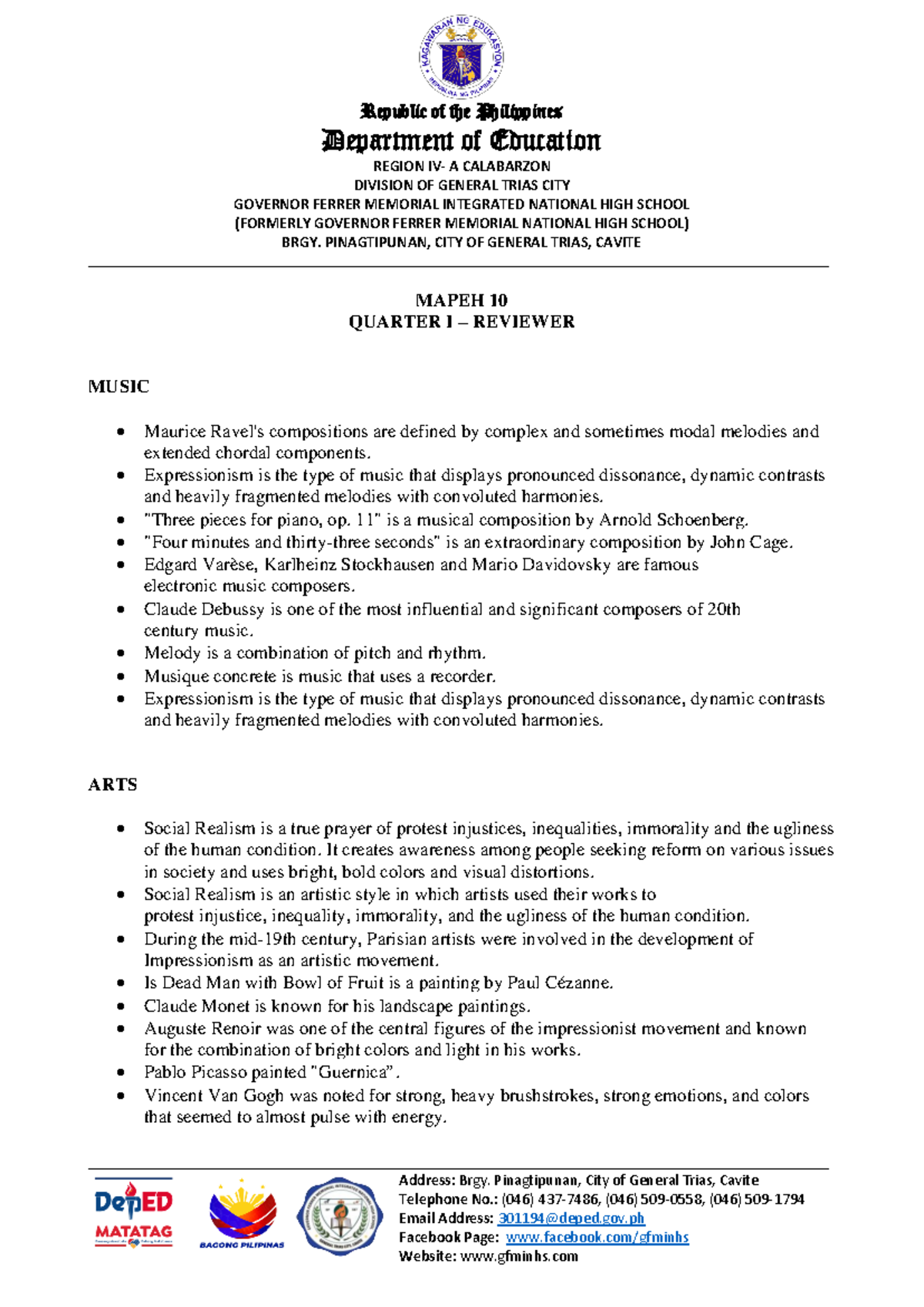 Quarter-I- Reviewer - Tite - Republic of the Philippines Department of ...