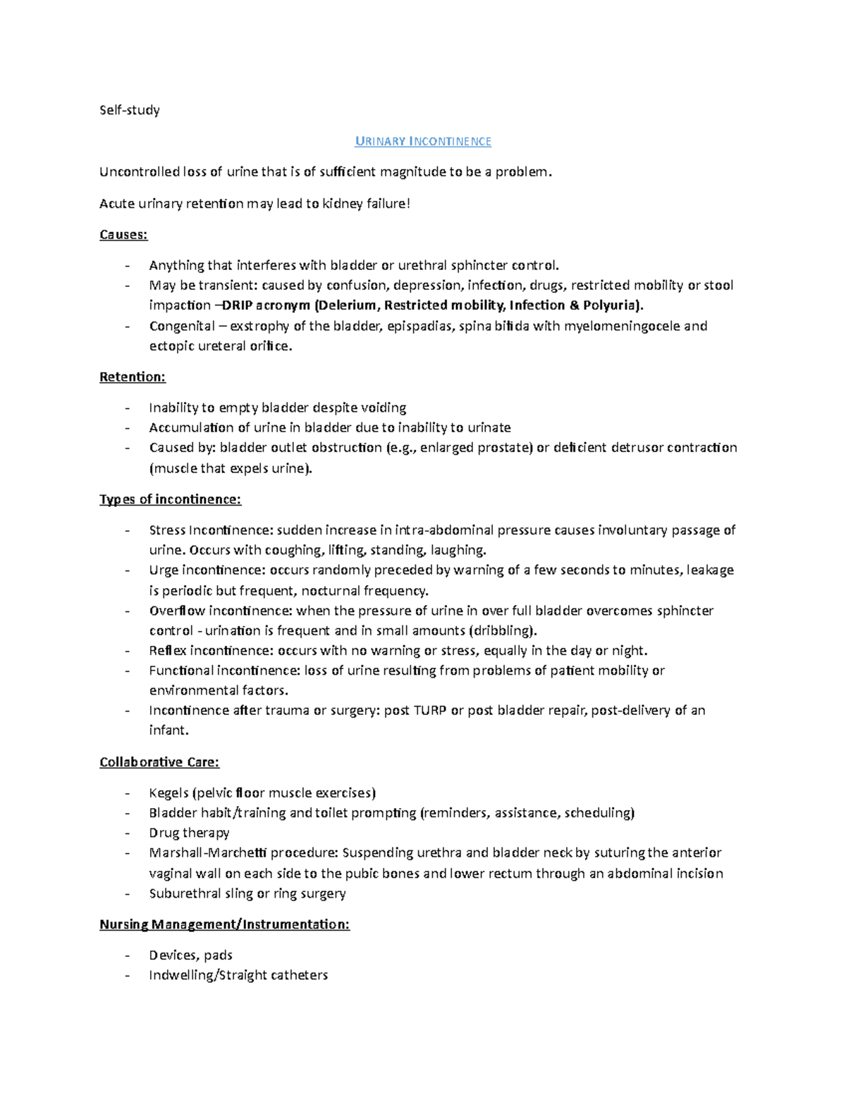 Lecture notes, lecture 12, Urinary Incontinence - URINARY INCONTINENCE ...