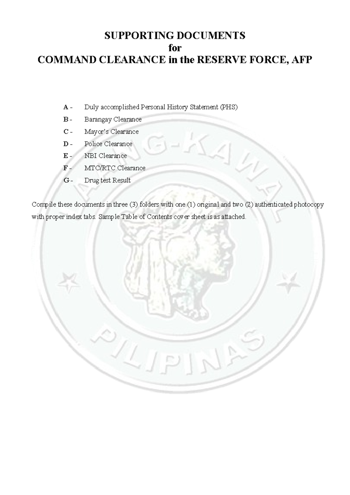 Table OF Contents FOR G2 - Filipino - SUPPORTING DOCUMENTS for COMMAND ...