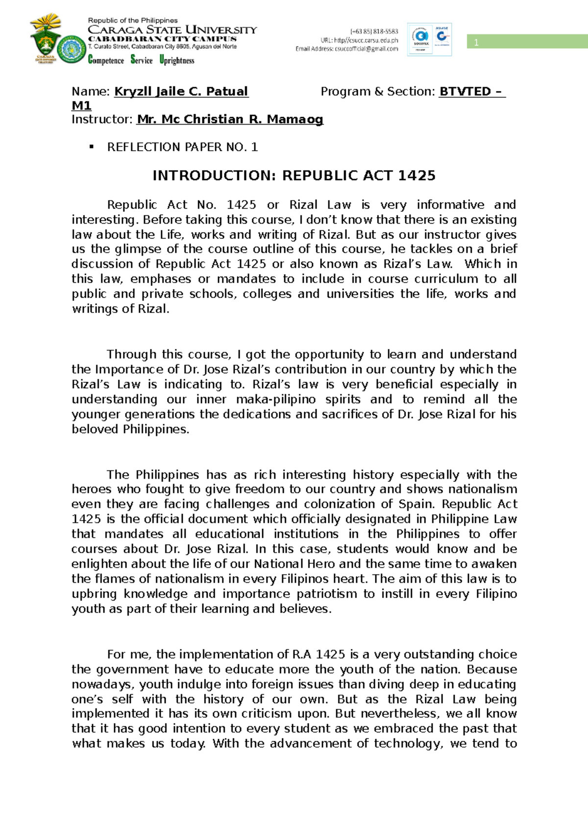 Reflection Paper NO. 1 - activity - Name: Kryzll Jaile C. Patual ...