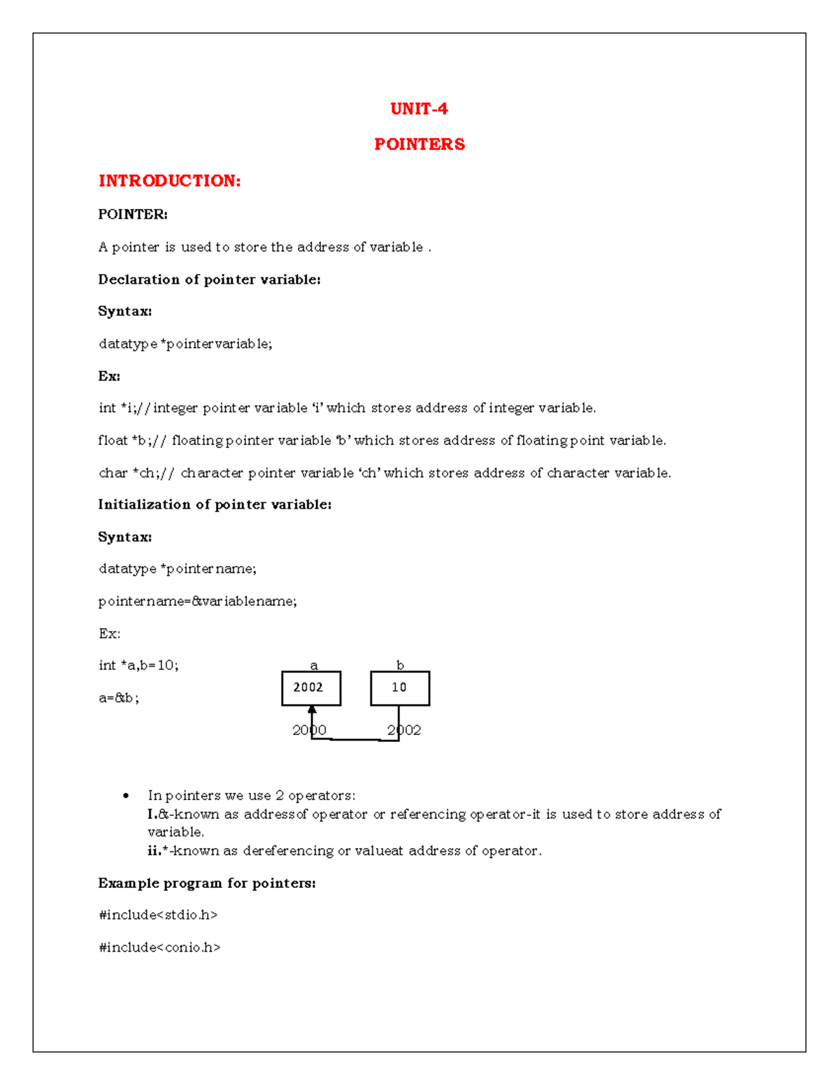 UNIT-4 - nil - UNIT- 4 POINTERS INTRODUCTION: POINTER: A pointer is used to store the address of ...
