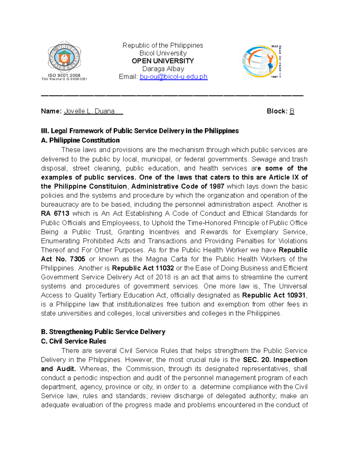 Jovelle L. Duana - III. Legal Framework of Public Service Delivery in ...