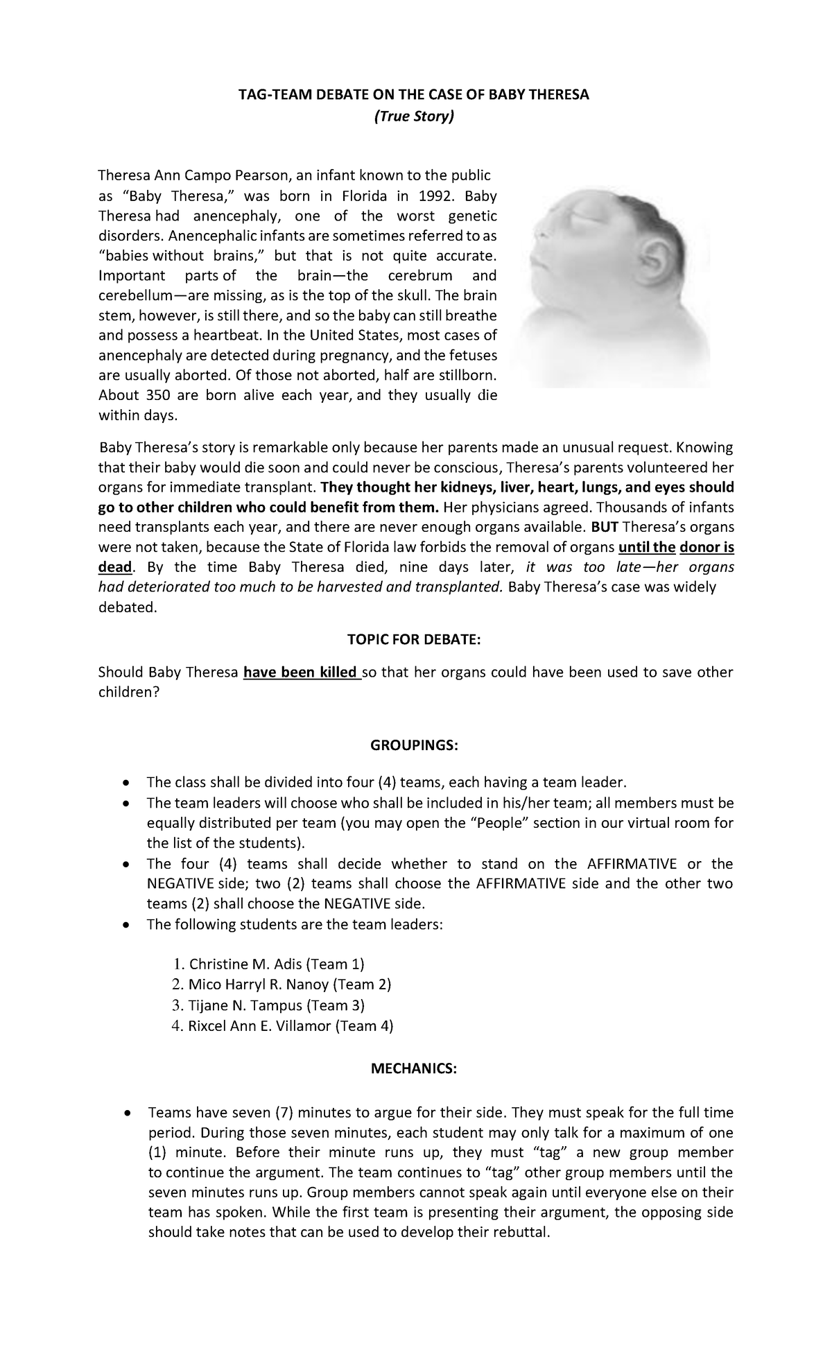 Debate Instructions (FM 1-2) - TAG-TEAM DEBATE ON THE CASE OF BABY ...