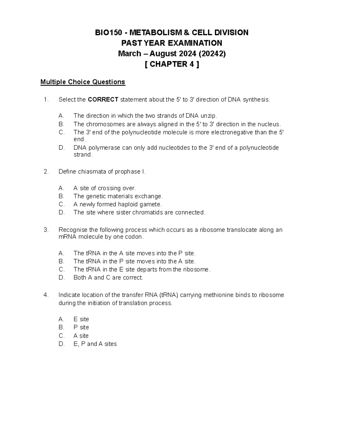 1. BIO150 Compilation Past Year Exam Chapter 4 (question) - BIO150 - METABOLISM & CELL DIVISION ...