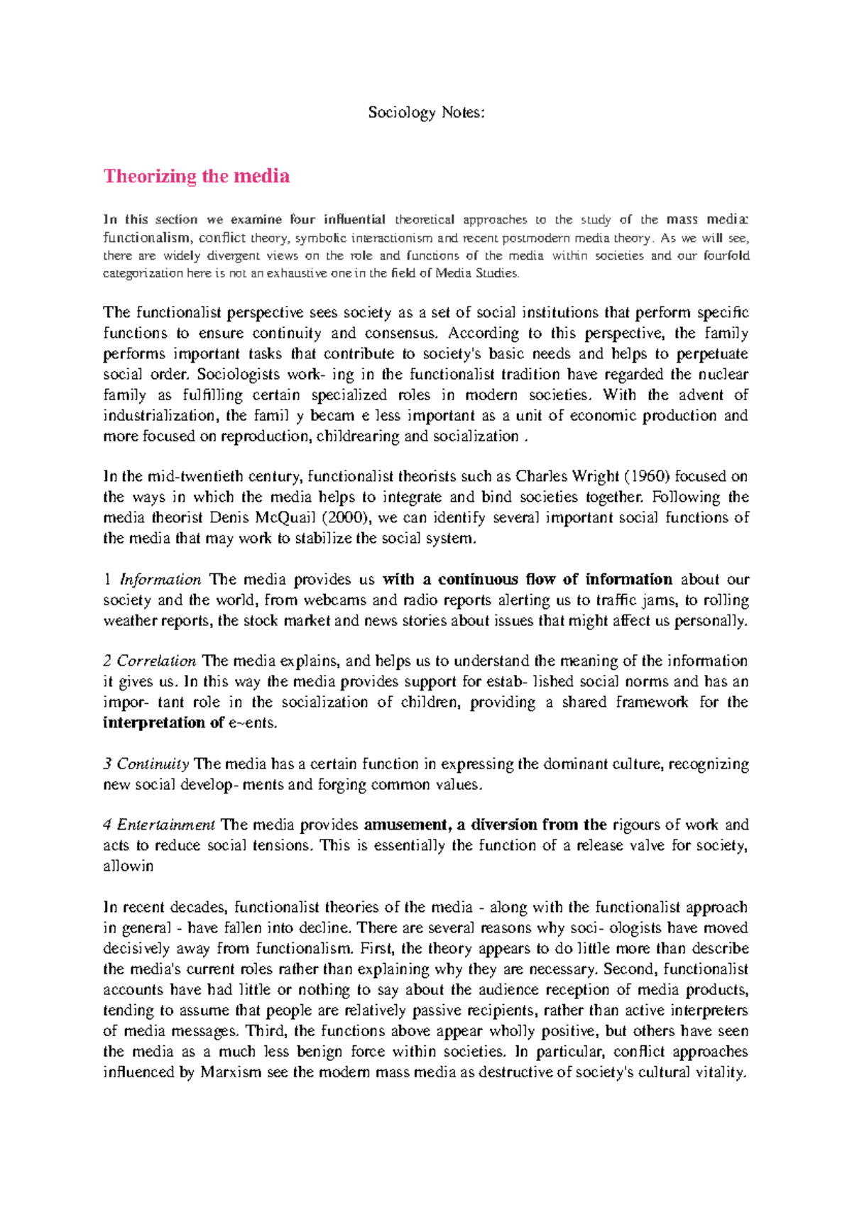 Sociology Notes - Sociology Notes: Theorizing the media In this section ...