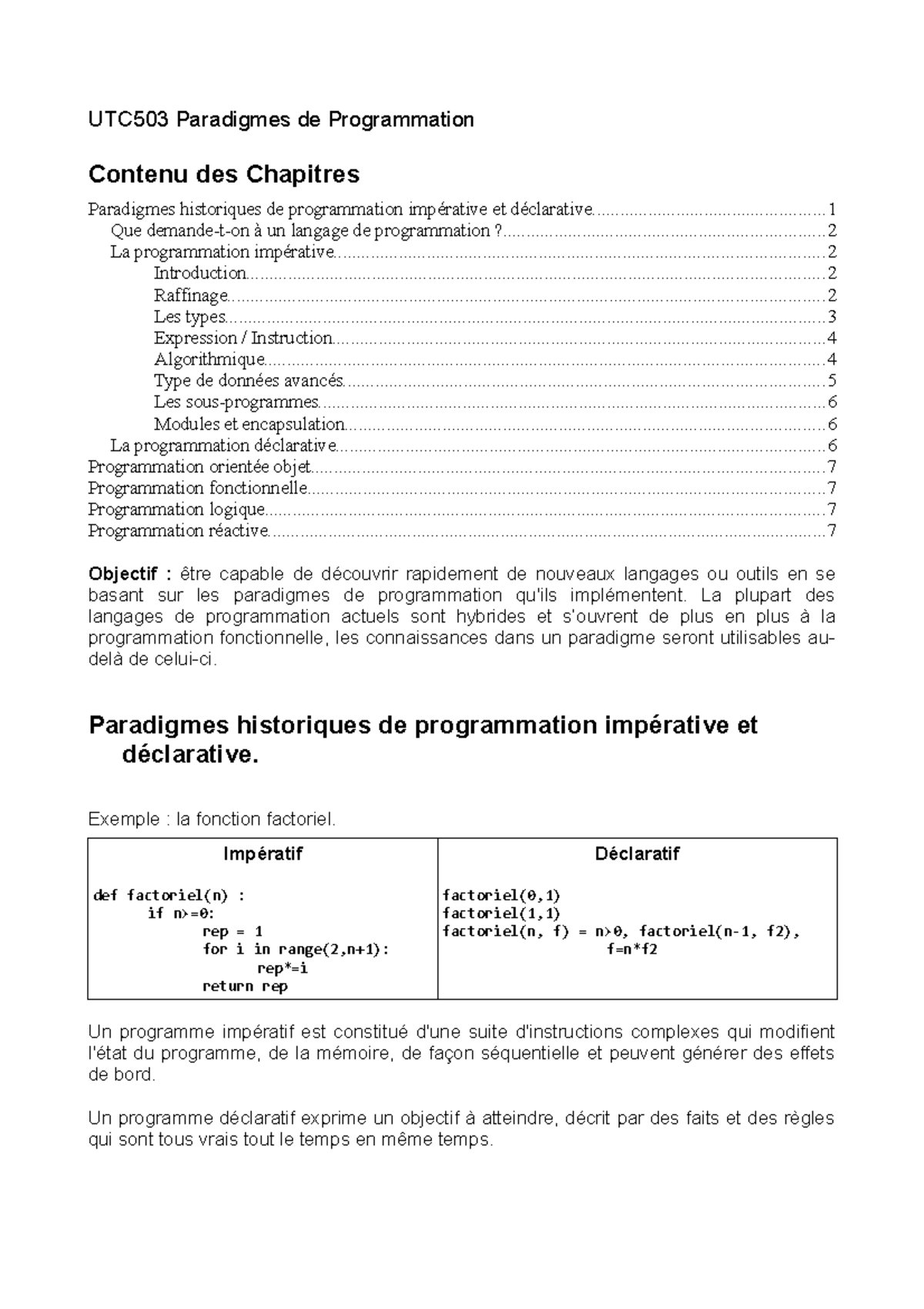 Paradigmes Classiques - UTC503 Paradigmes de Programmation Contenu des ...