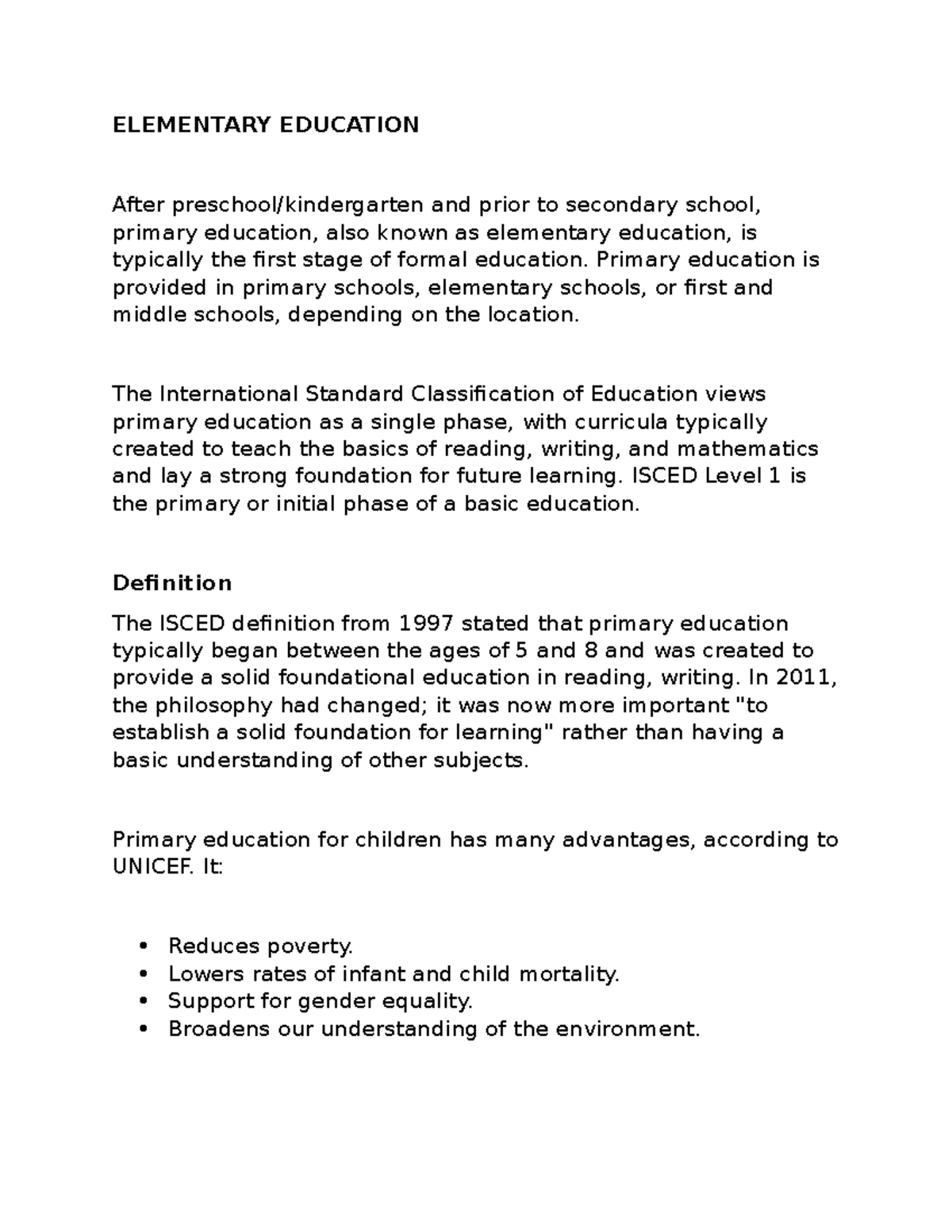 Elementary Education - ELEMENTARY EDUCATION After preschool ...