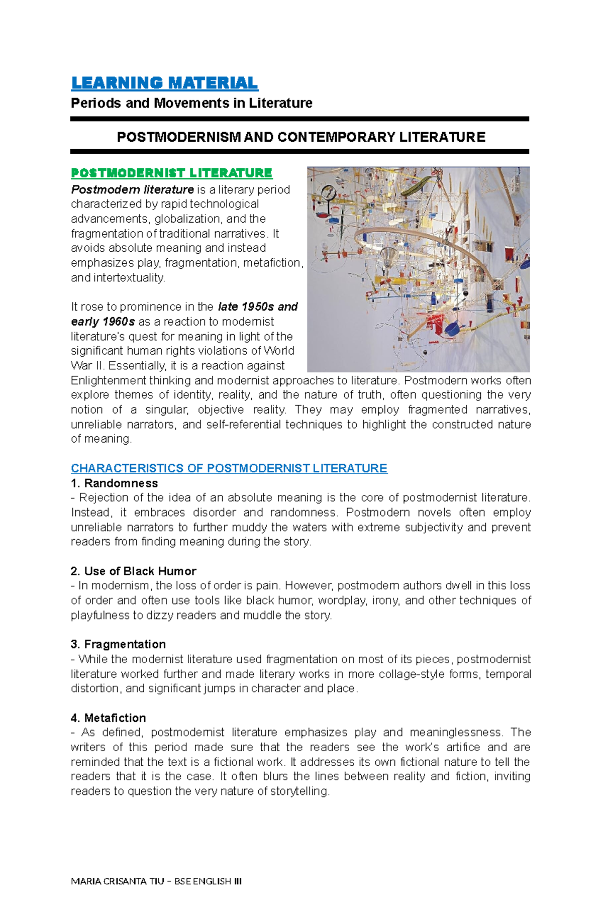 Learning Material Postmodernist and Contemporary Literature - LEARNING ...