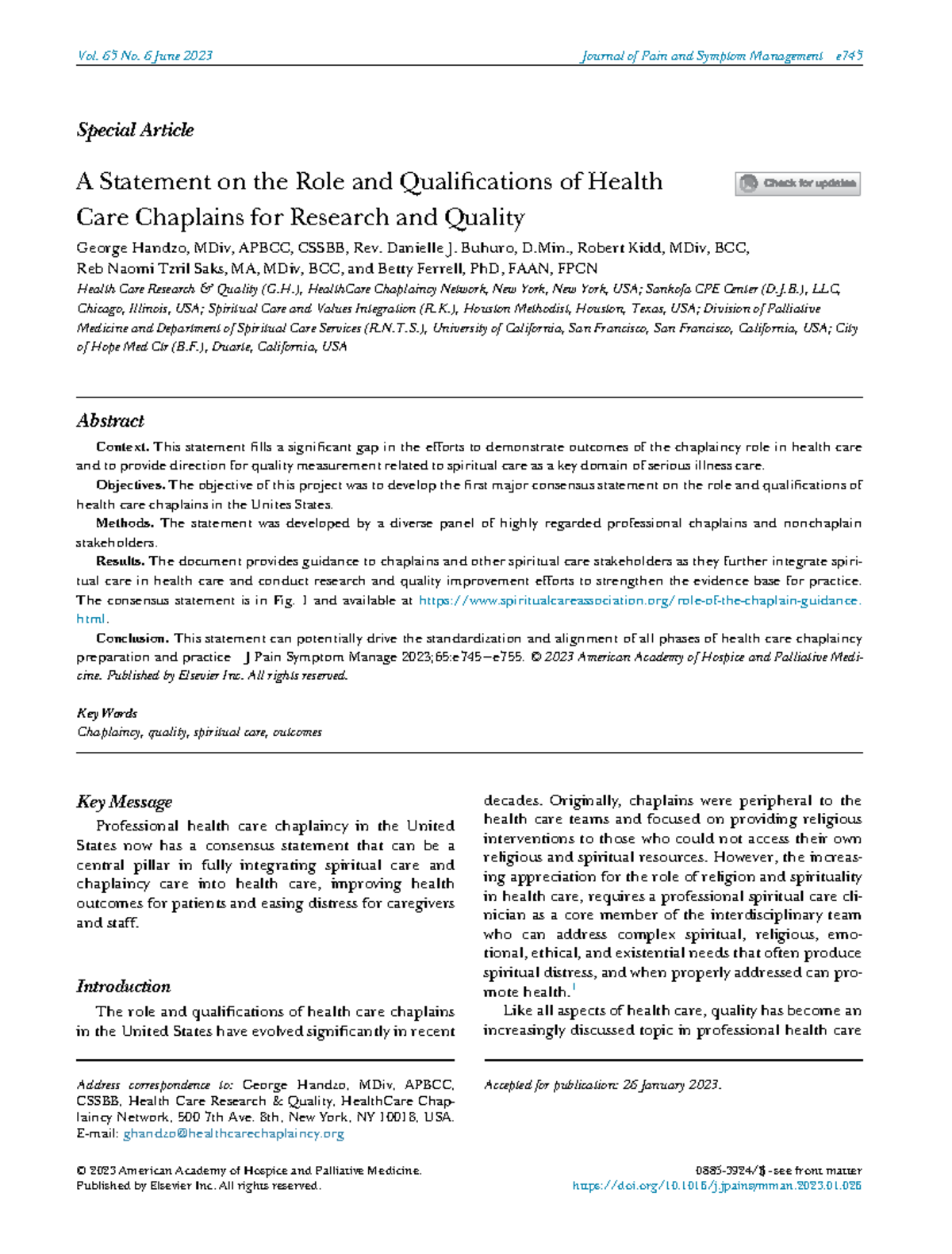 Role of Healthcare Chaplain - Special Article TaggedH 1 A Statement on ...