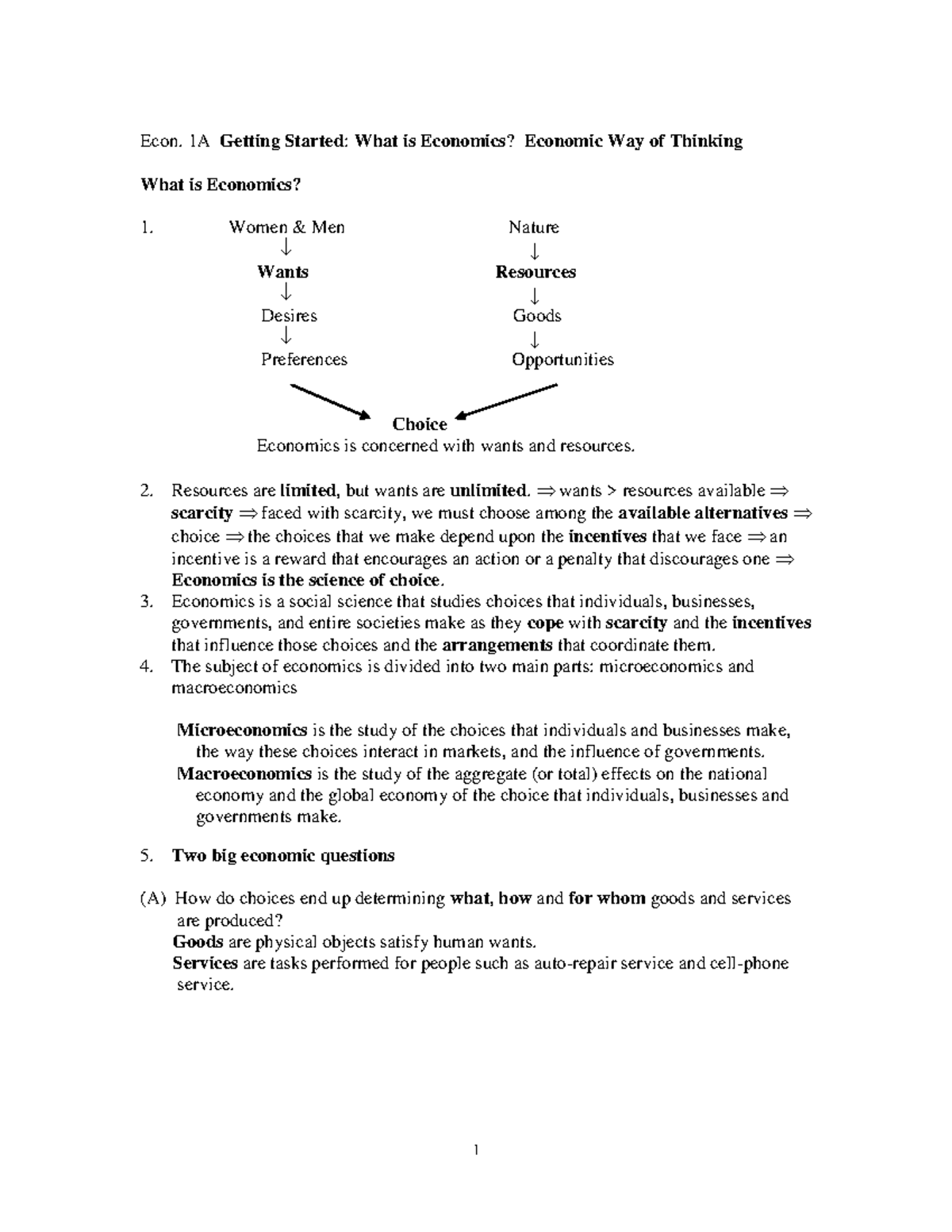 ECON 001A Summary Ch1 - Econ. 1A Getting Started : What is Economics ...