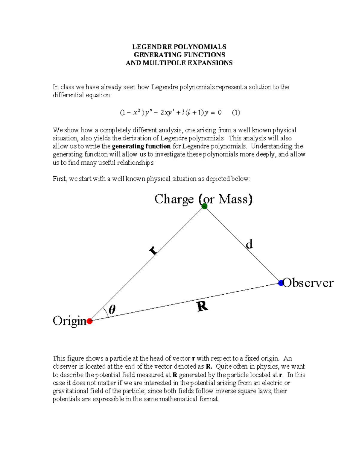 Legendre P - LEGENDRE POLYNOMIALS GENERATING FUNCTIONS AND MULTIPOLE ...
